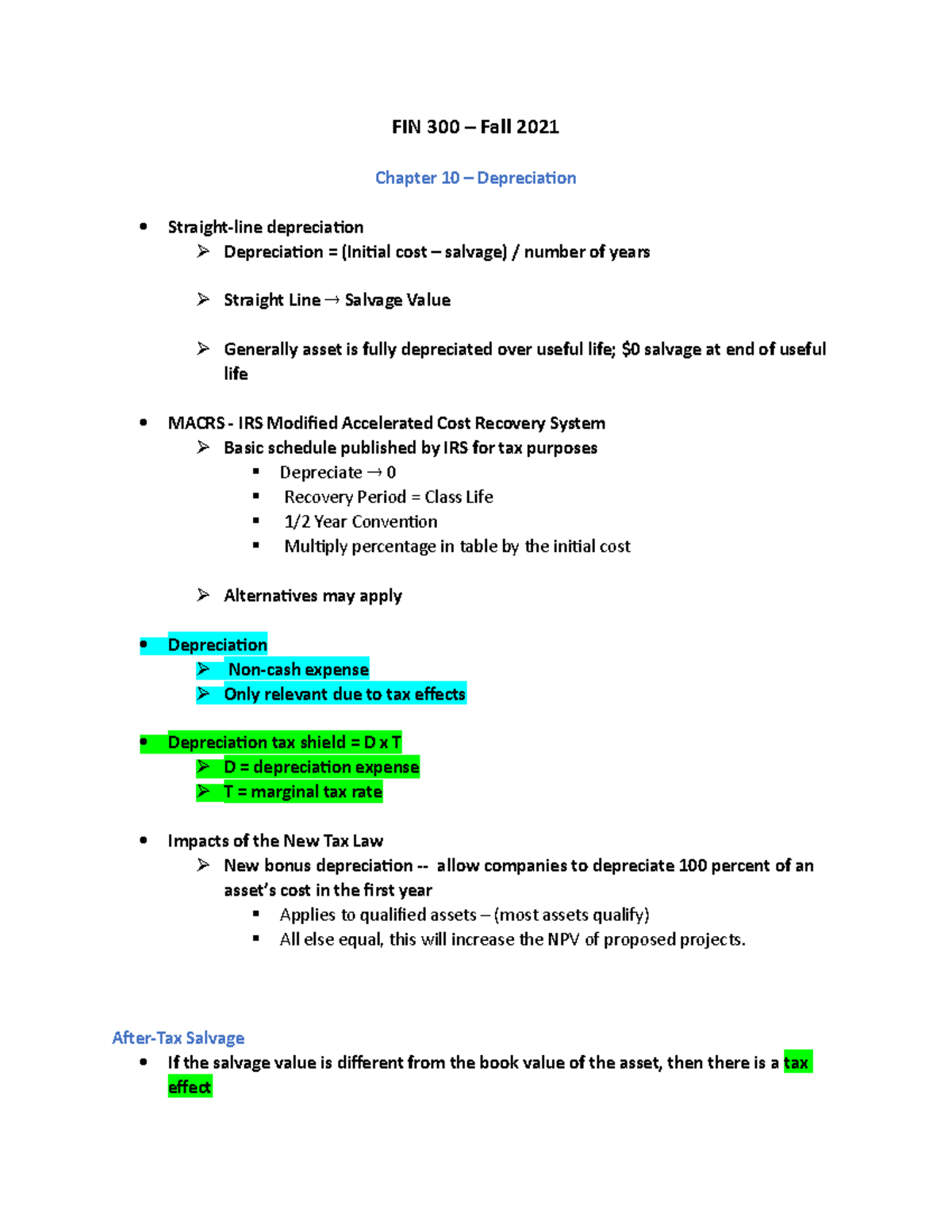 FIN 300 Chapter 10 Depreciation - FIN 300 – Fall 2021 Chapter 10 ...