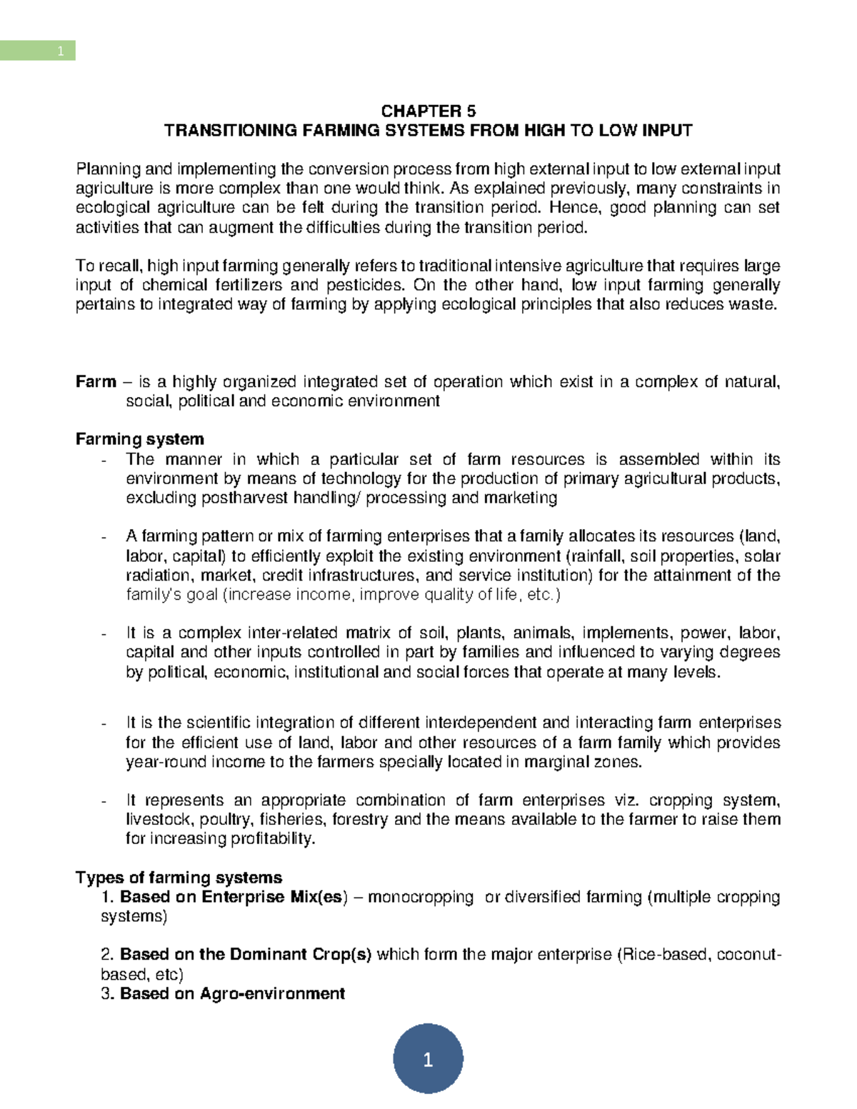 Transitioning Farming System from High To low Input - CHAPTER 5 ...