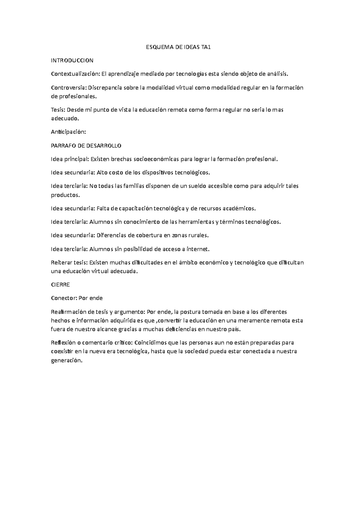 Esquema DE Ideas TA1 - UTP - ESQUEMA DE IDEAS TA INTRODUCCION ...
