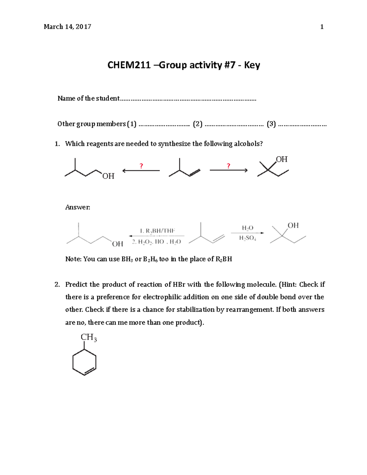 Activity 7 (reactions of alkenes) - key - c. Cl2 d. O3, followed (CH3 ...