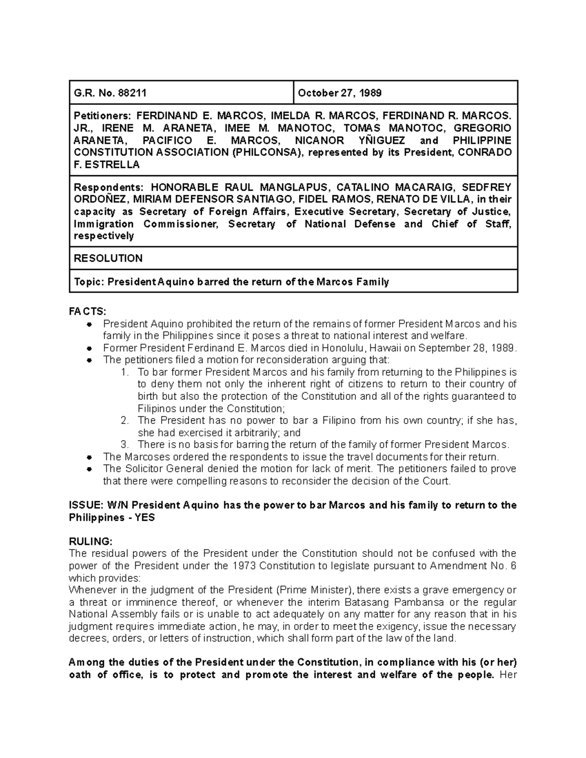 Marcos vs. Manglapus Digest - G. No. 88211 October 27, 1989 Petitioners ...