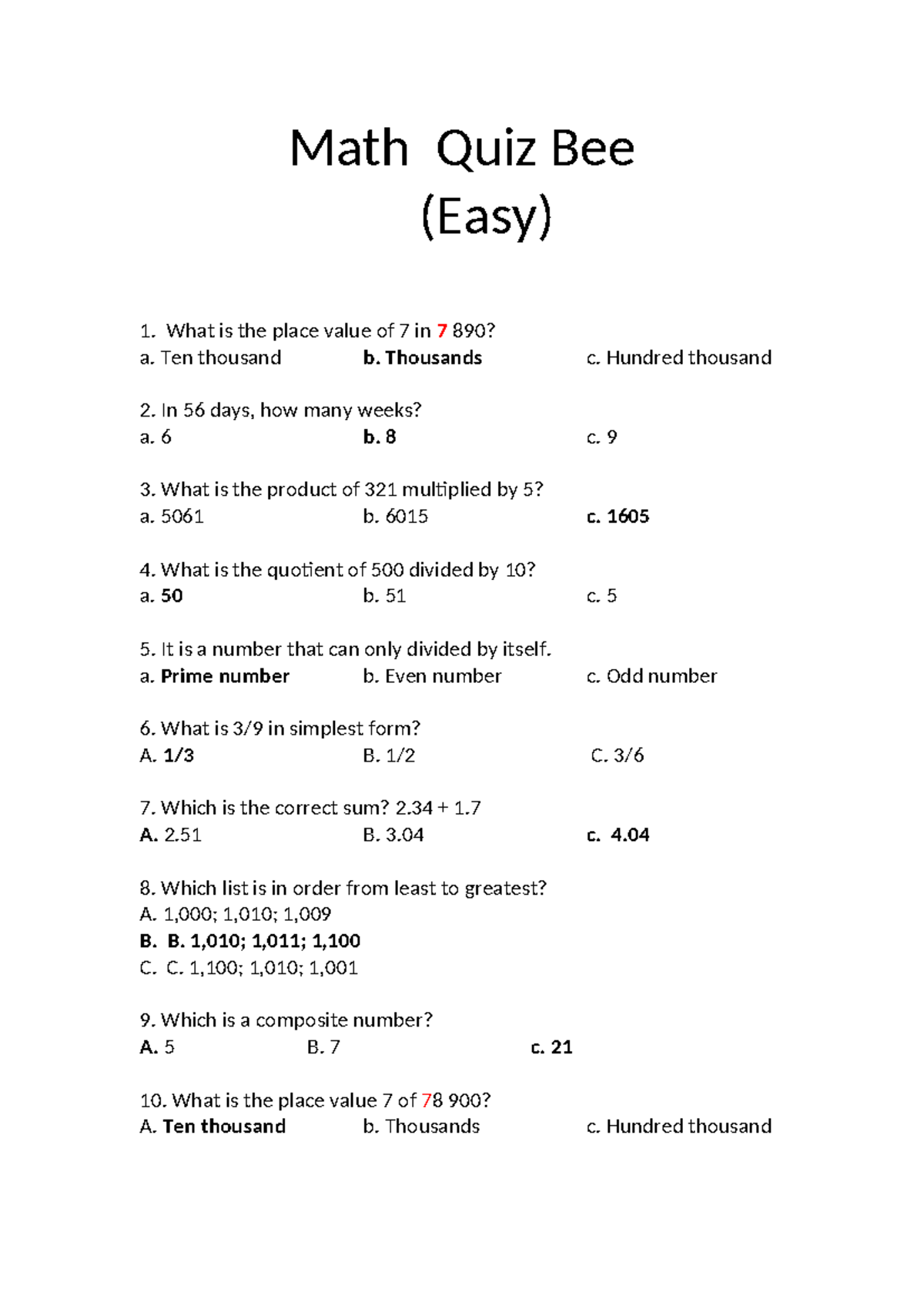 Math SCI Quiz Bee - NOT APPLICABLE - Math Quiz Bee (Easy) What is the ...