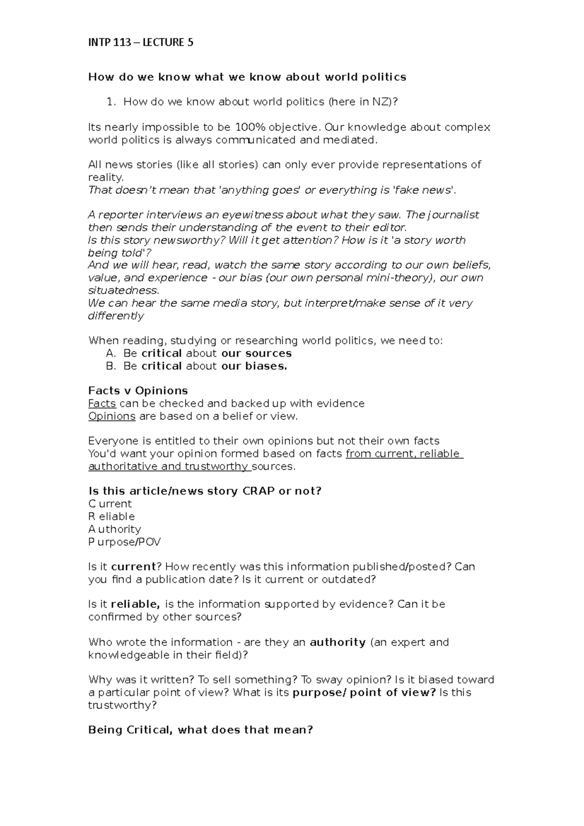 INTP 113 – Lecture 5 - How do we know what we know about world politics ...