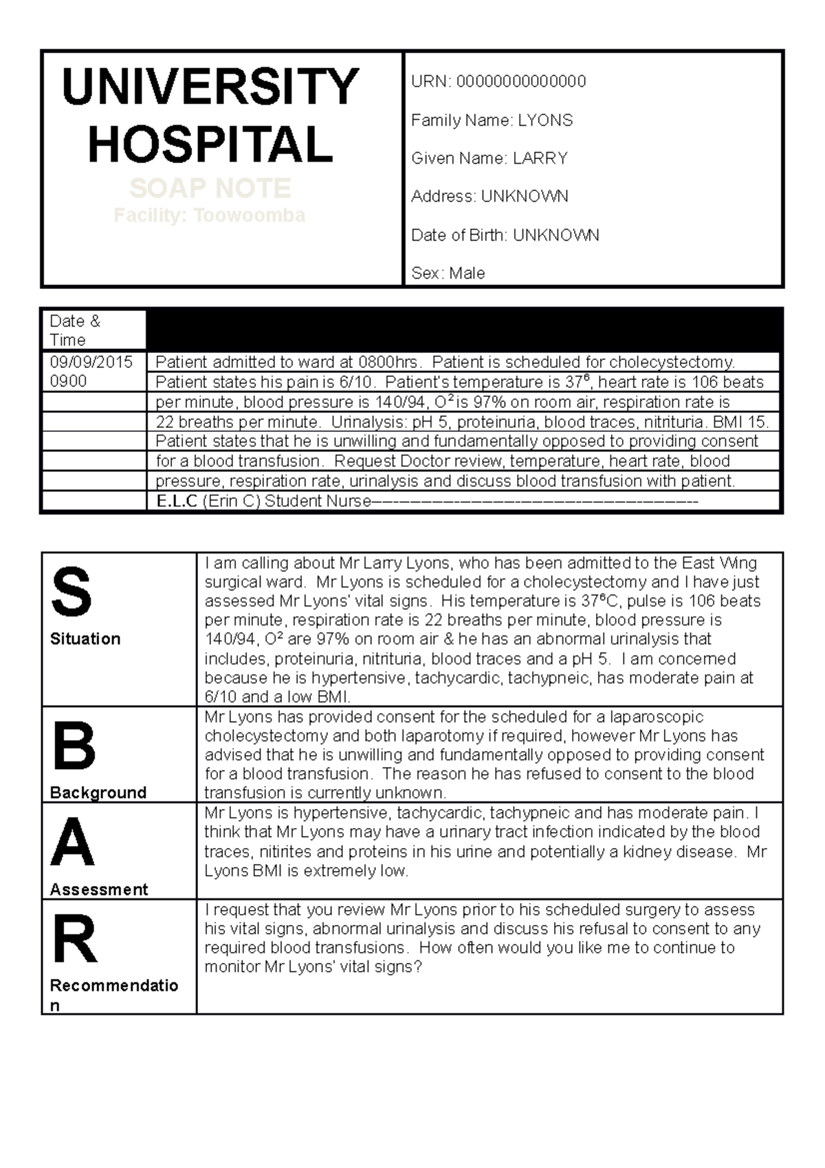 NUR1140 A3 Soap Note - UNIVERSITY HOSPITAL SOAP NOTE Facility ...