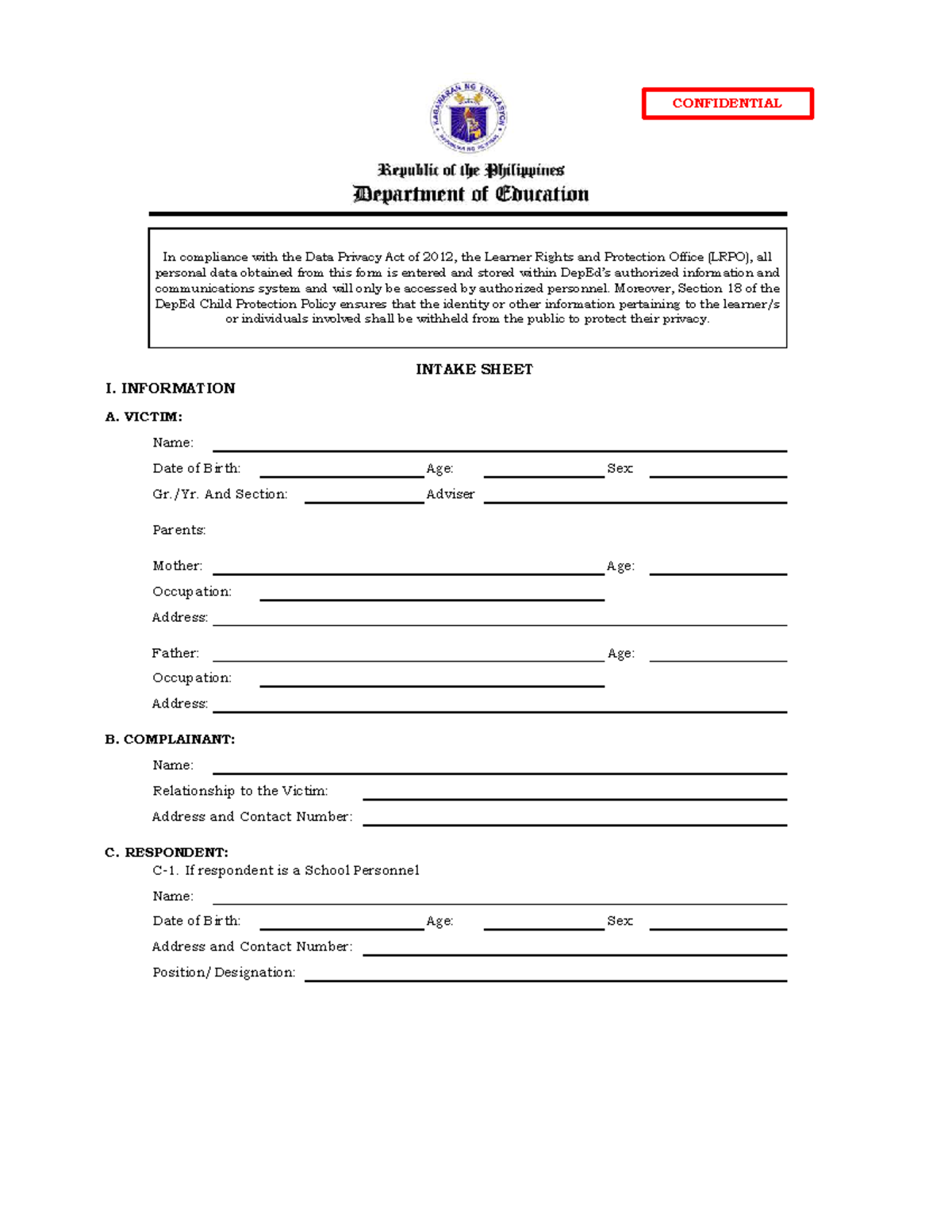 D. Enclosure No.12 Annex B Intake Sheet Forms per DO 40, s. 2012 - I ...