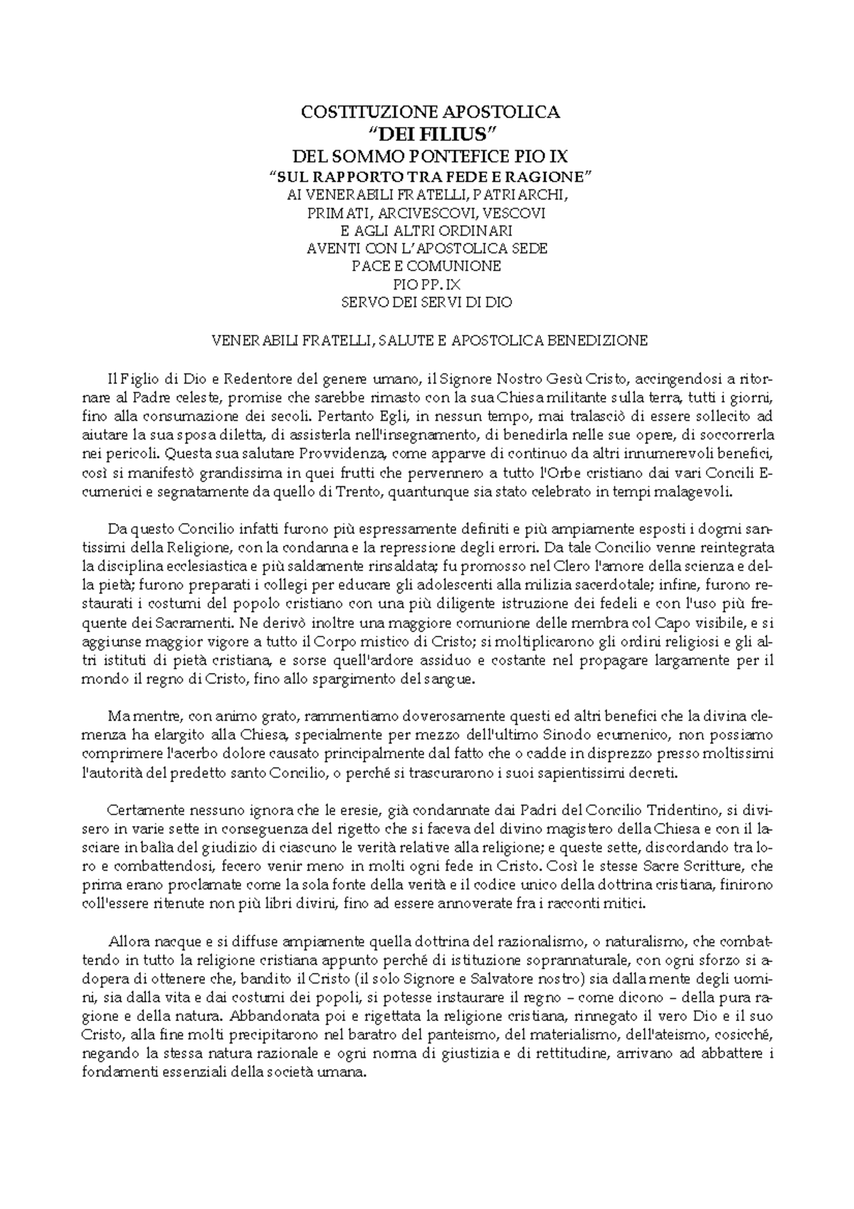 Pio IX-Dei Filius - documento importantissimo della Chiesa ...