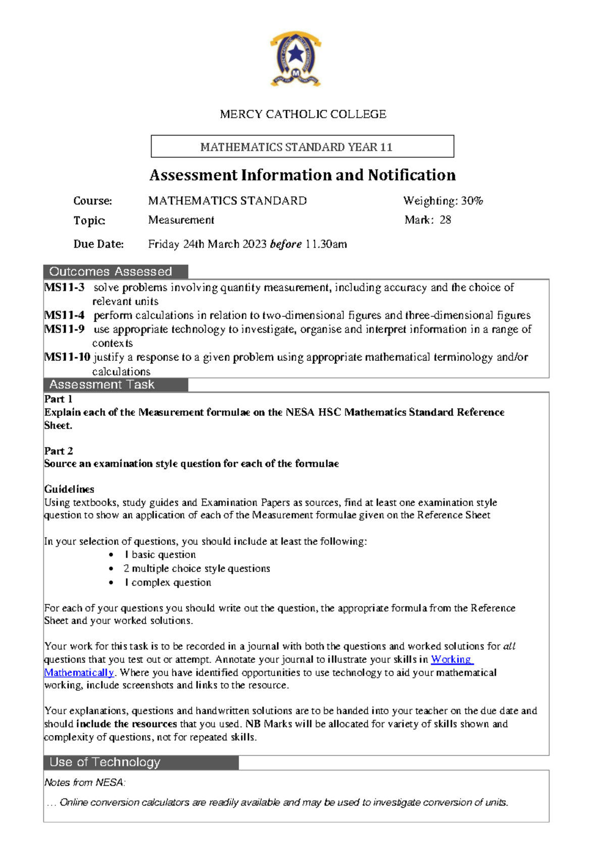 11MAS2 T1 Notification 2023 (Reference Sheet - Measurement) - MERCY ...