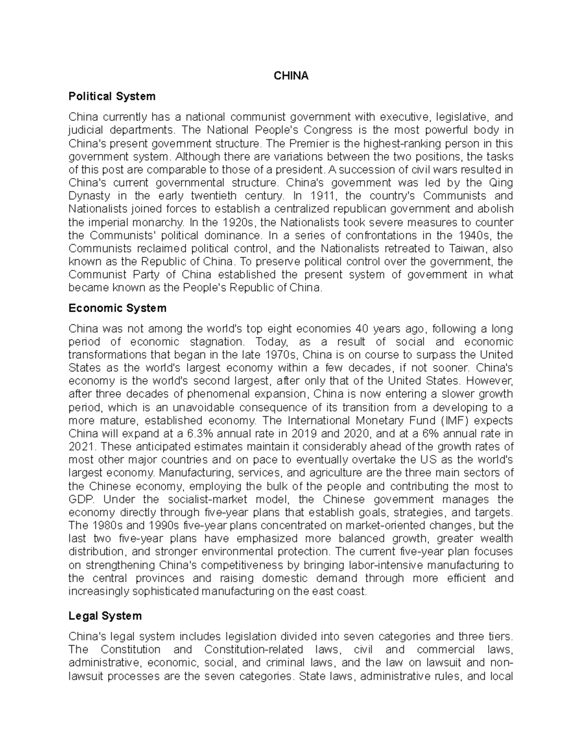 Assignment 2.2 Country Analysis - CHINA Political System China ...