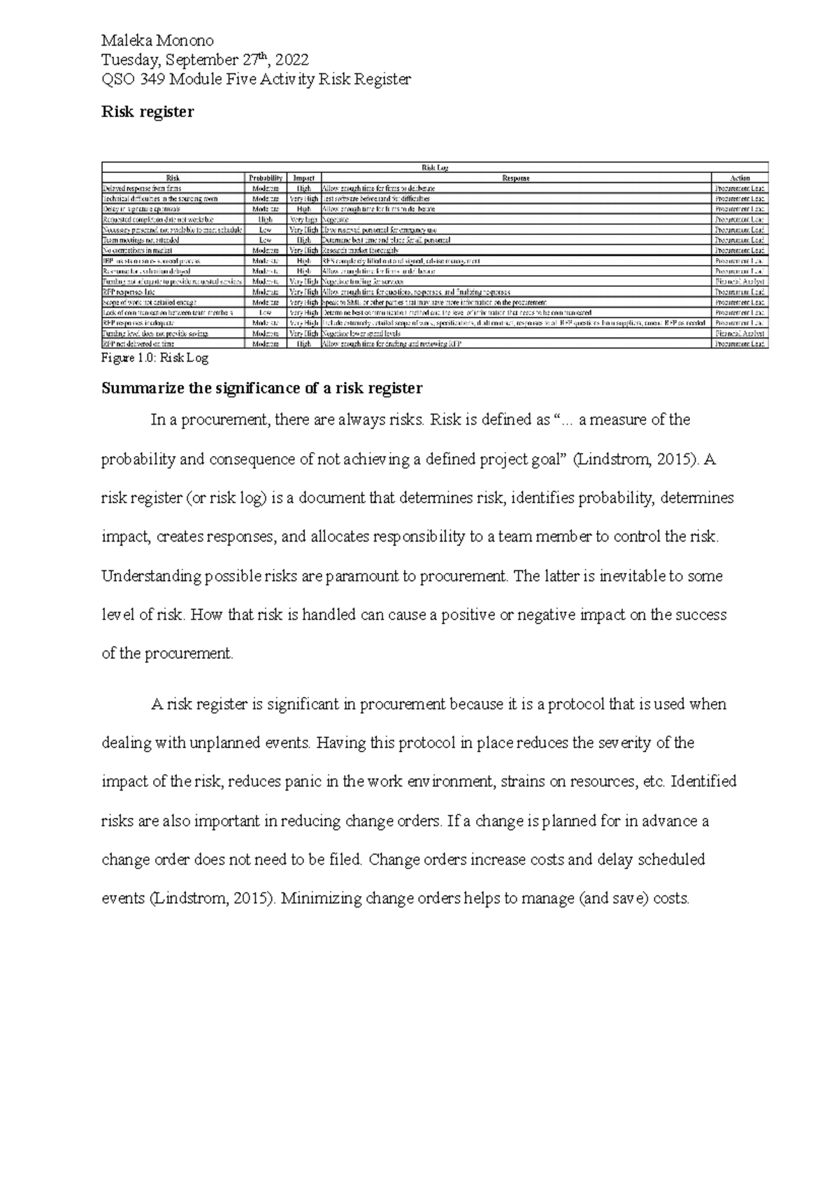 QSO 349 Module Five Activity Risk Register - Risk is defined as “... a ...