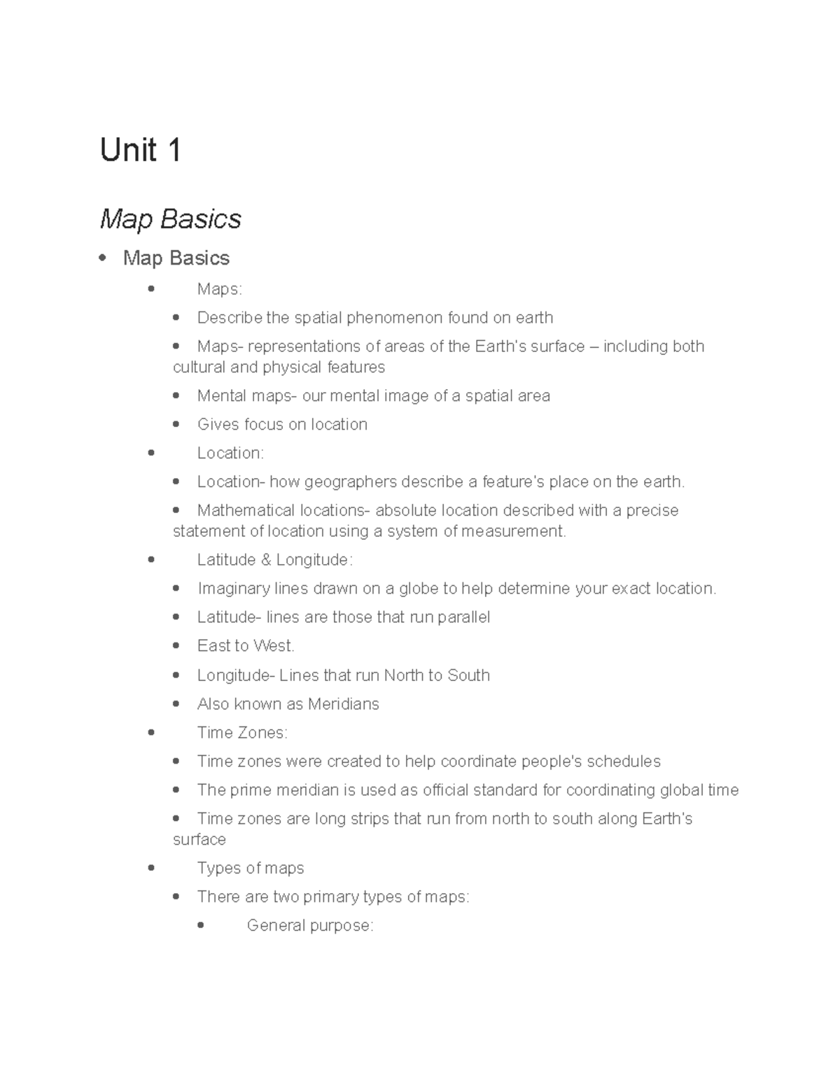 Unit 1 Geography Notes - Unit 1 Map Basics Map Basics Maps: Describe ...