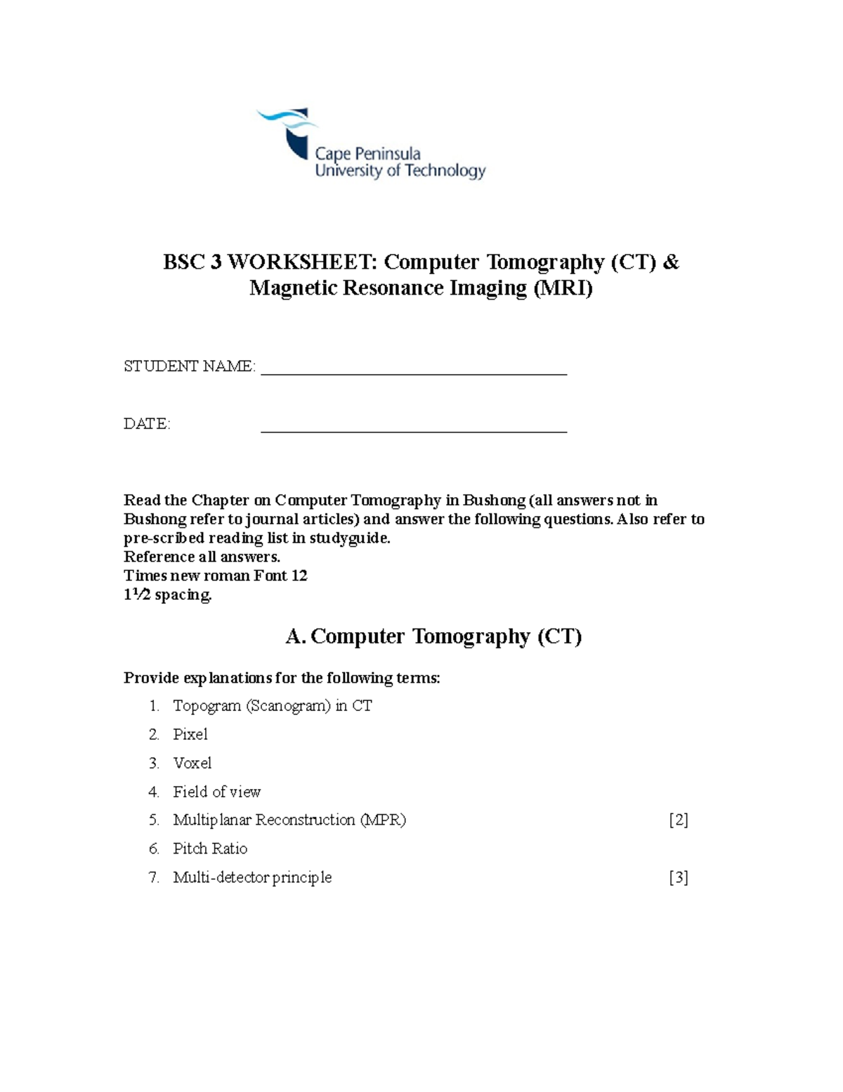 Worksheet CT & MRI - Diagnostic Imaging Equipment 3 module - BSC 3 ...