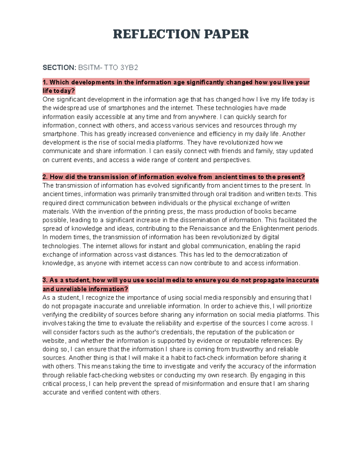 Reflection paper - BMM - REFLECTION PAPER SECTION: BSITM- TTO 3YB 1 ...