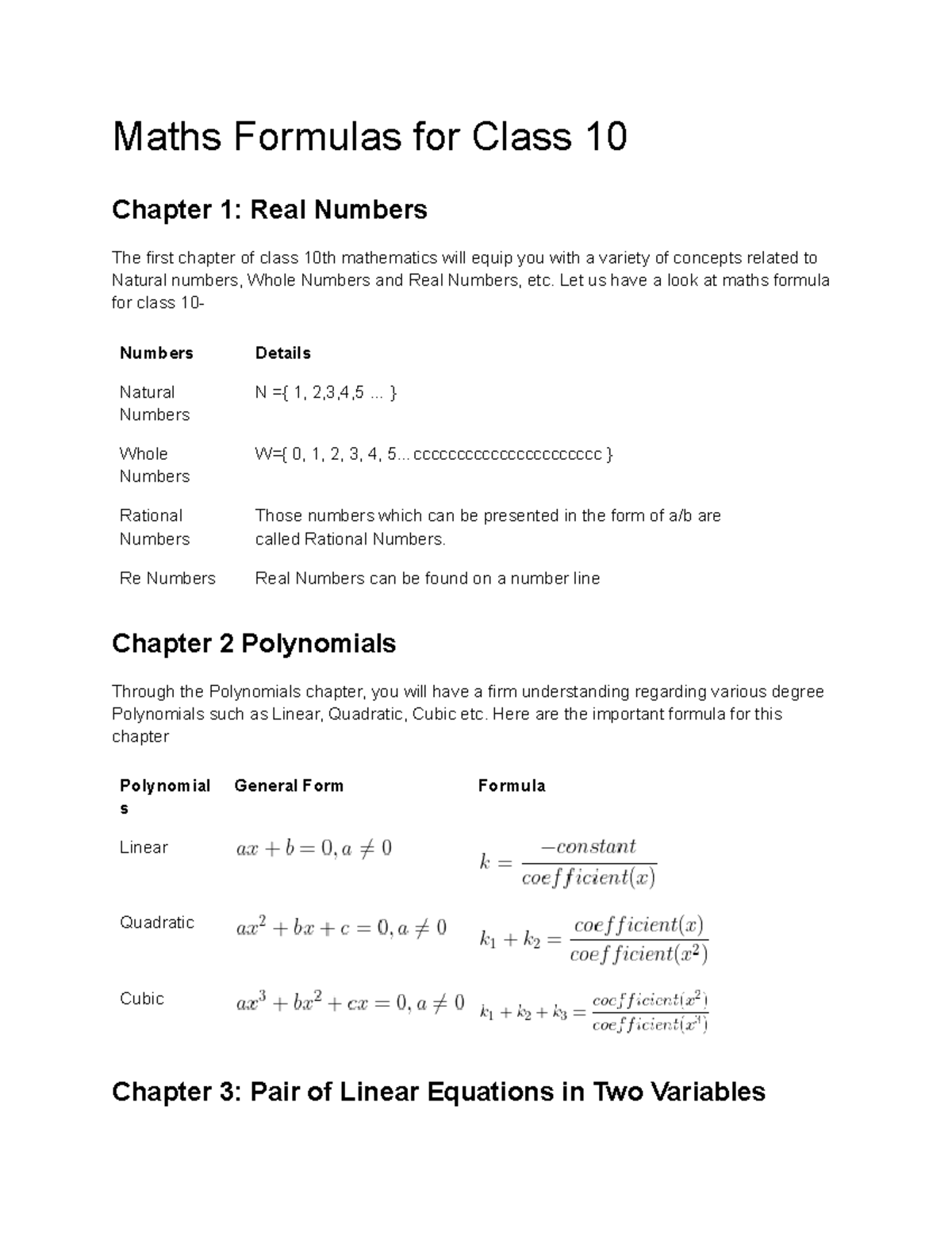 Maths Formulas for Class 10 - Let us have a look at maths formula for ...