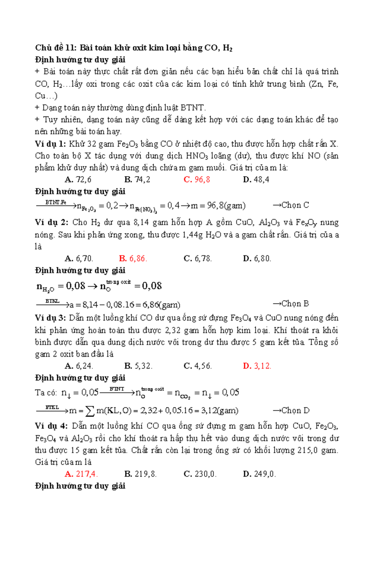 CĐ 11 Khử CO,H2 - hoa12 - Chÿ ß 11: Bài toán khÿ oxit kim lo¿i b¿ng CO, H 2 ßnh h±ßng t± duy gi ...