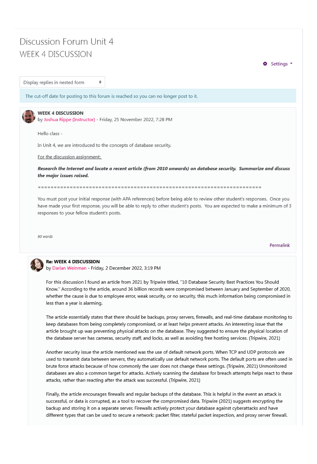 Discussion Forum Unit 4 CS 3306 - Discussion Forum Unit 4 WEEK 4 DISCUSSION Settings The cut-off ...