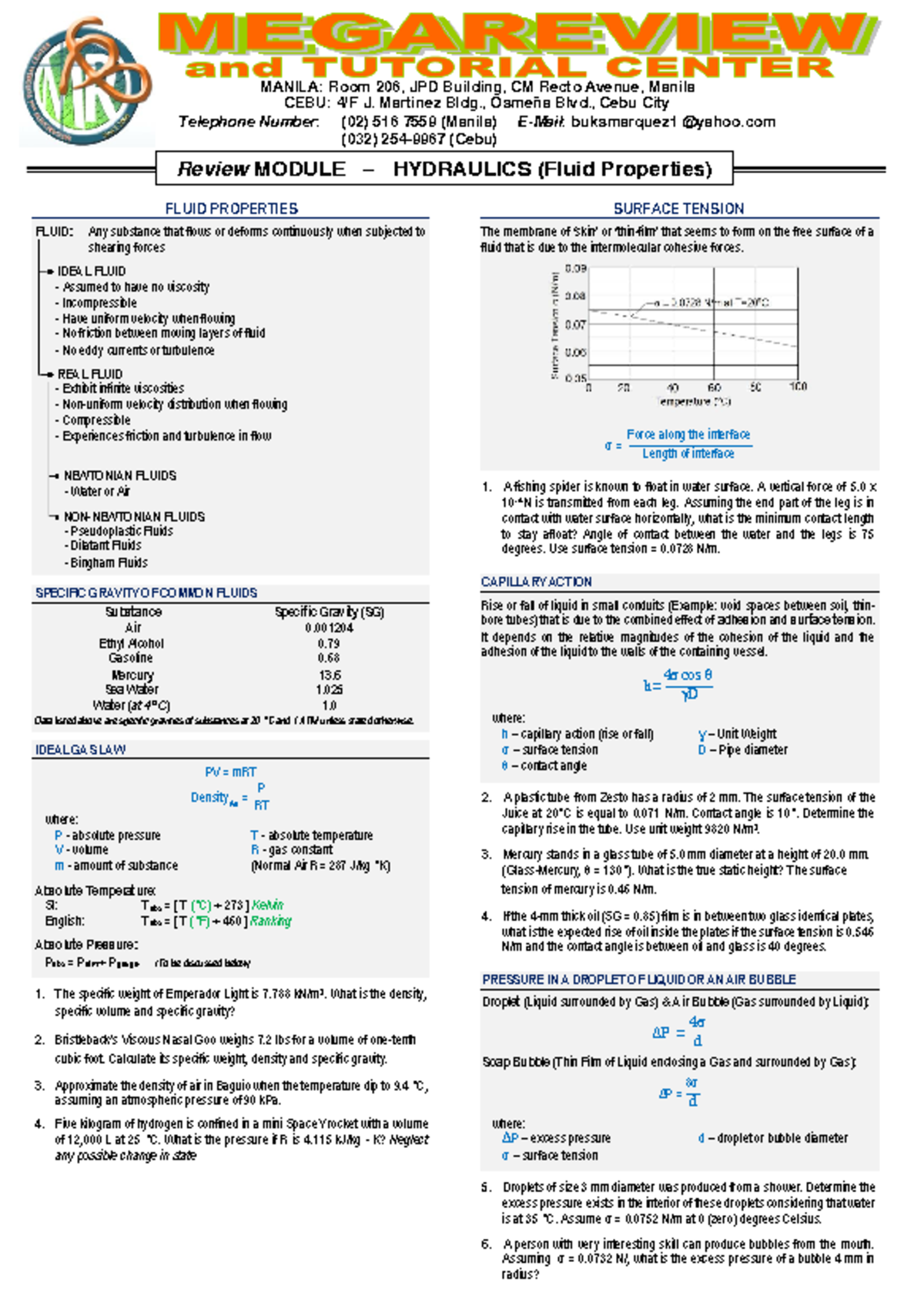 Review Module – Hydraulics (Fluid Properties) - MANILA: Room 206, JPD ...