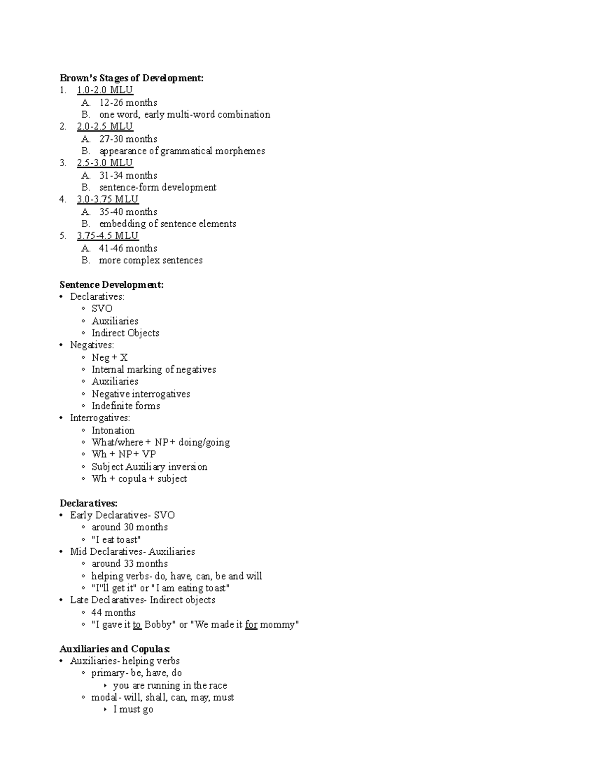 Syntax Lecture Notes Browns Stages Of Development 10 2 Mlu A 12