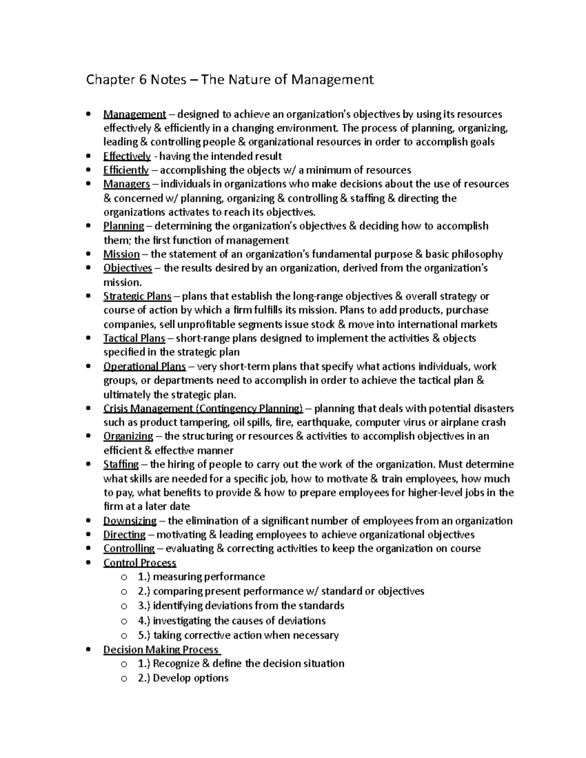 Ch 6 Notes - Chapter 6 Notes – The Nature of Management Management ...