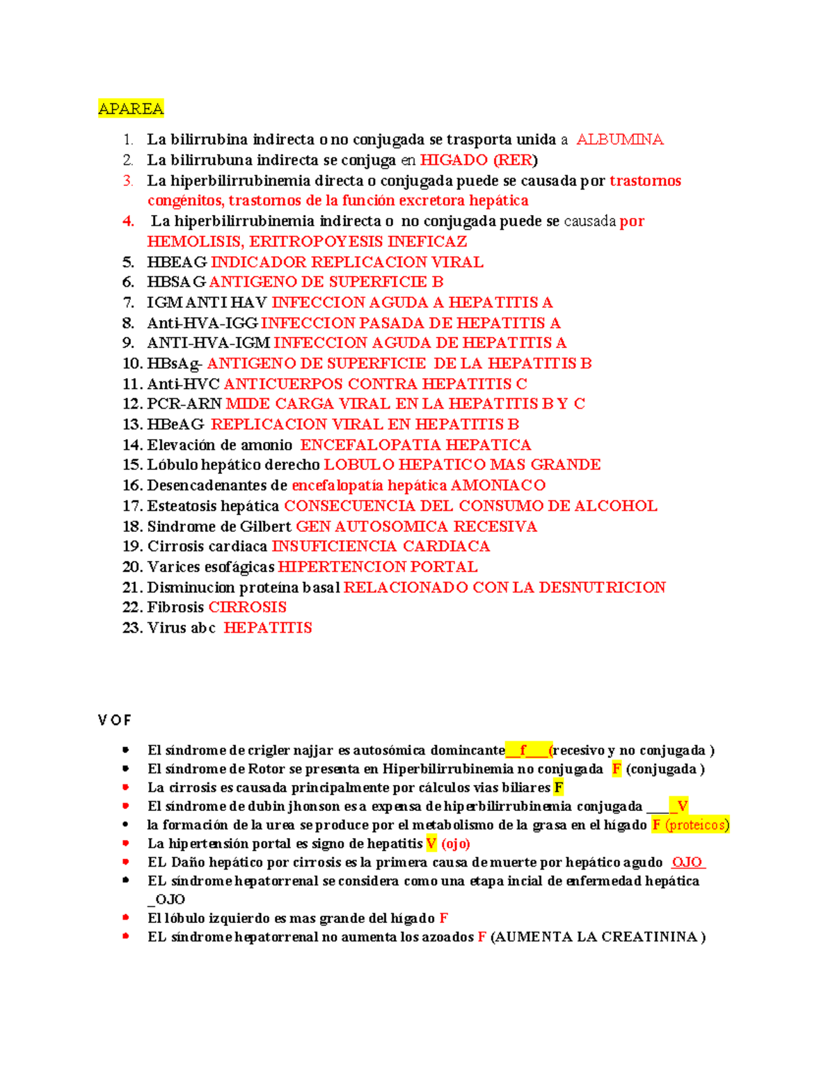 Repaso Gastro - RESUEMEN DEL EXAMEN FINAL - APAREA 1. La bilirrubina ...
