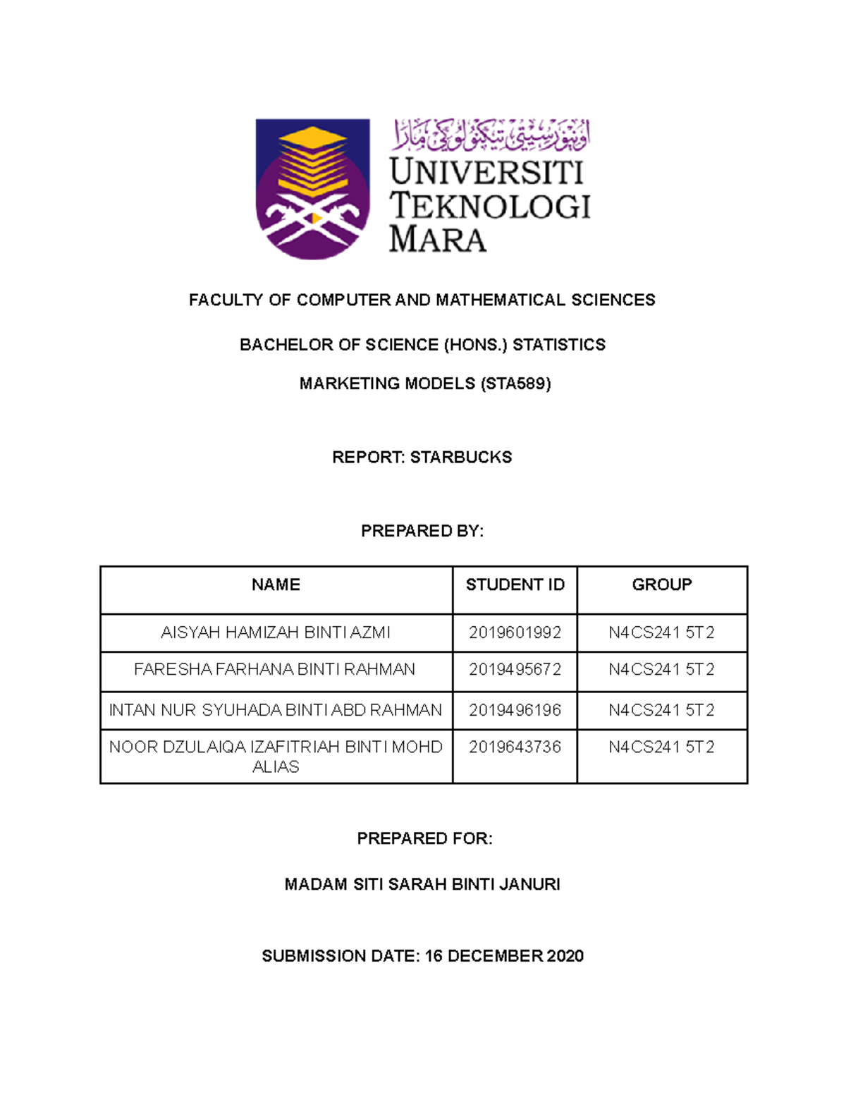 Project Report STA589 - FACULTY OF COMPUTER AND MATHEMATICAL SCIENCES ...