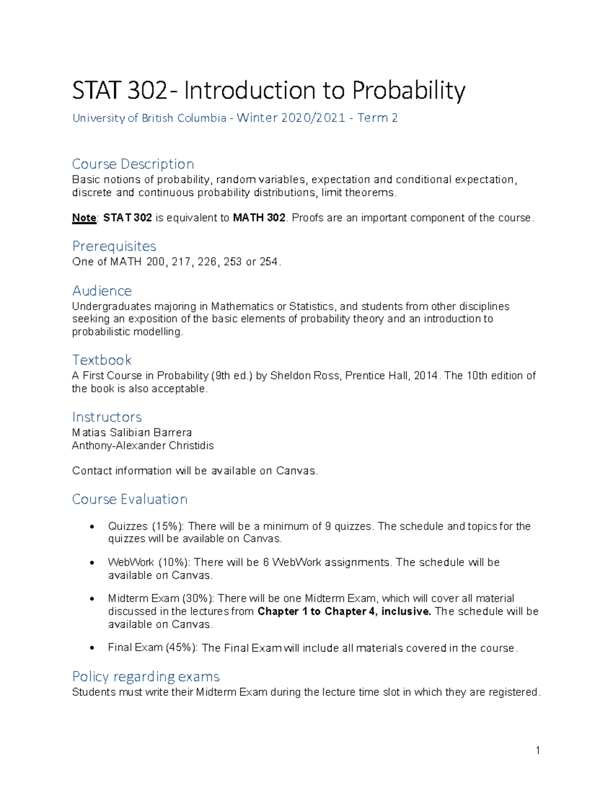 Introduction to Probability UBC - STAT 302 - Introduction to ...