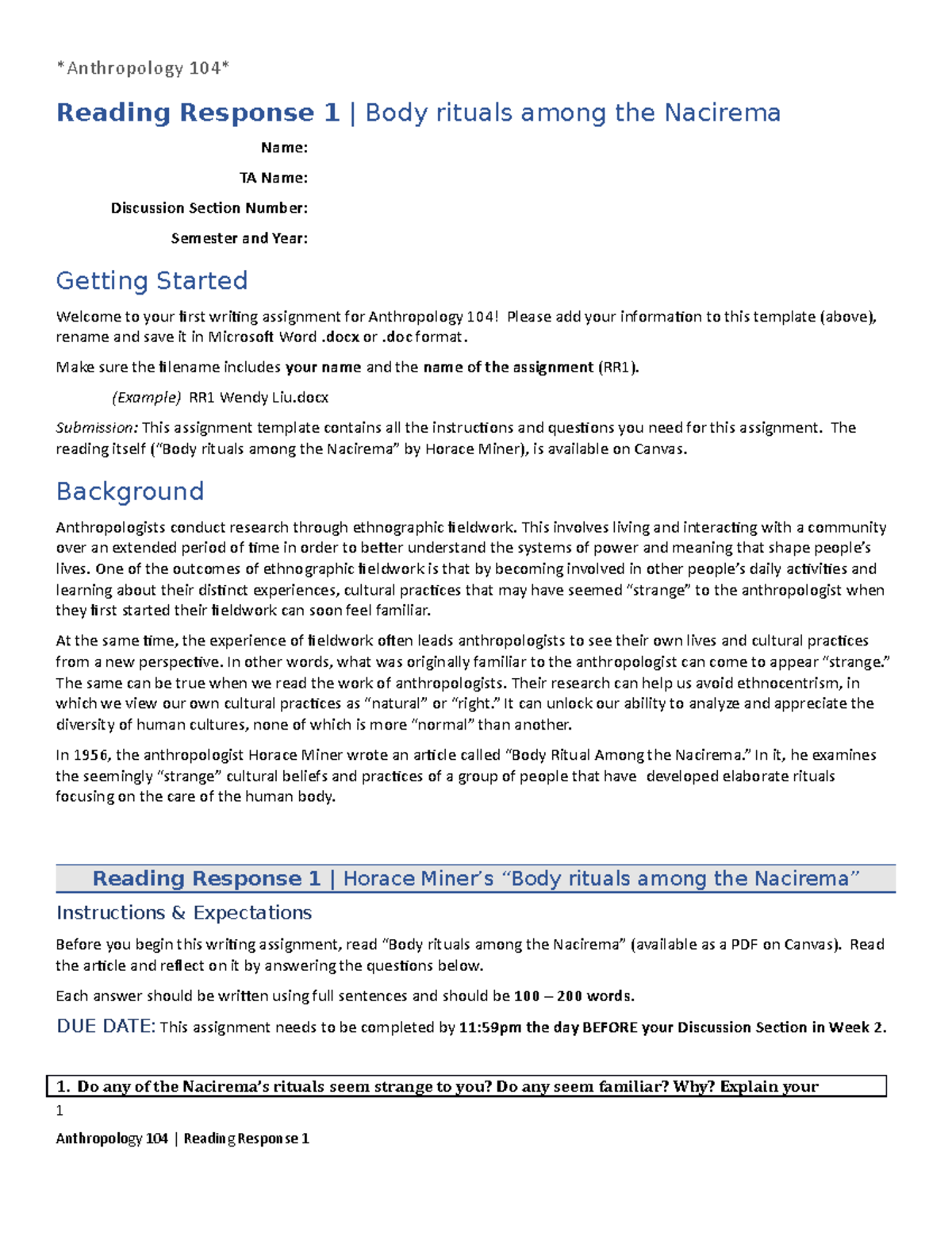 RR1 Nacirema Template 2023 - Anthropology 104 Reading Response 1 | Body ...