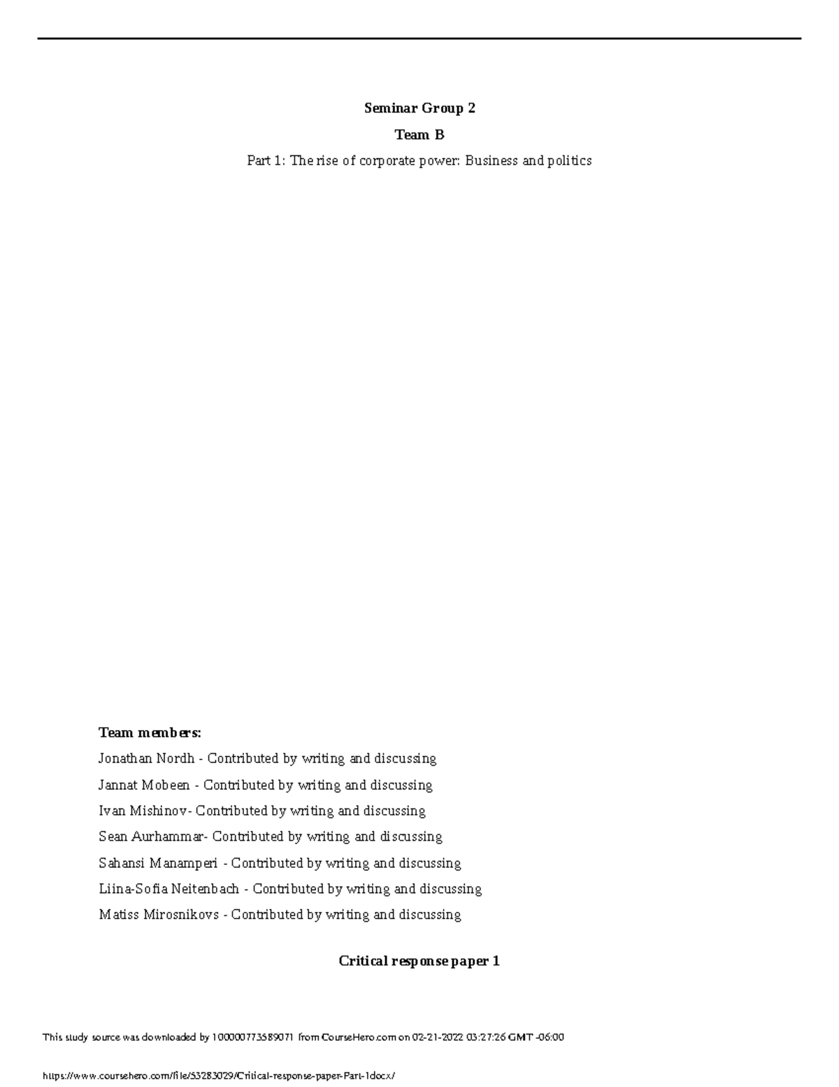 Critical response paper Part 1 - Seminar Group 2 Team B Part 1: The ...