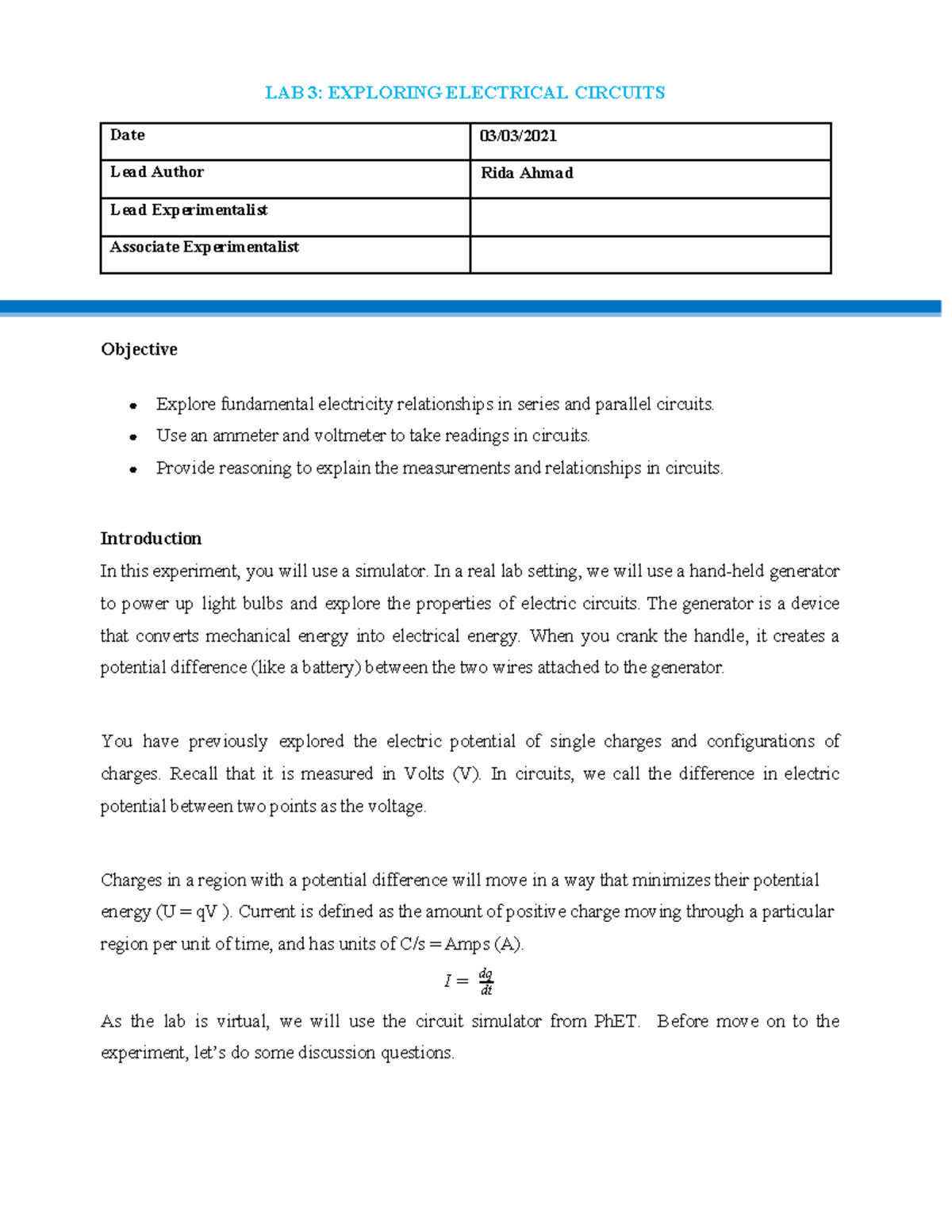 Lab 3. Exploring electric circuits - Objective Explore fundamental ...