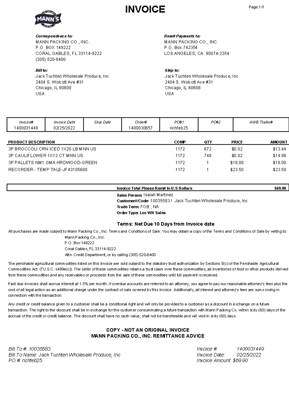 1400030657 - Page:1/ INVOICE Correspondence to: MANN PACKING CO., INC ...