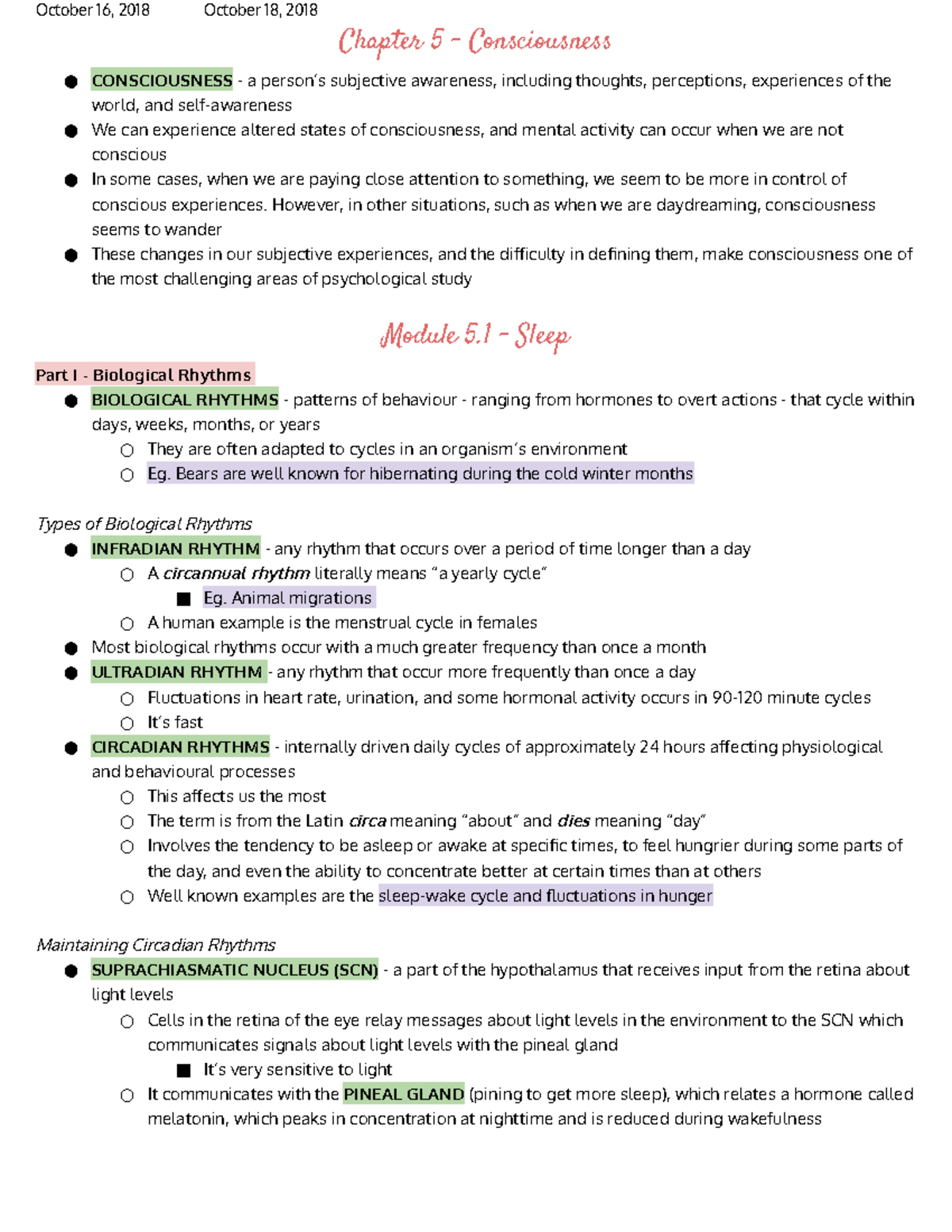 PSYC1000 - Chapter 5 (Lecture Notes) - October 16, 2018 October 18 ...