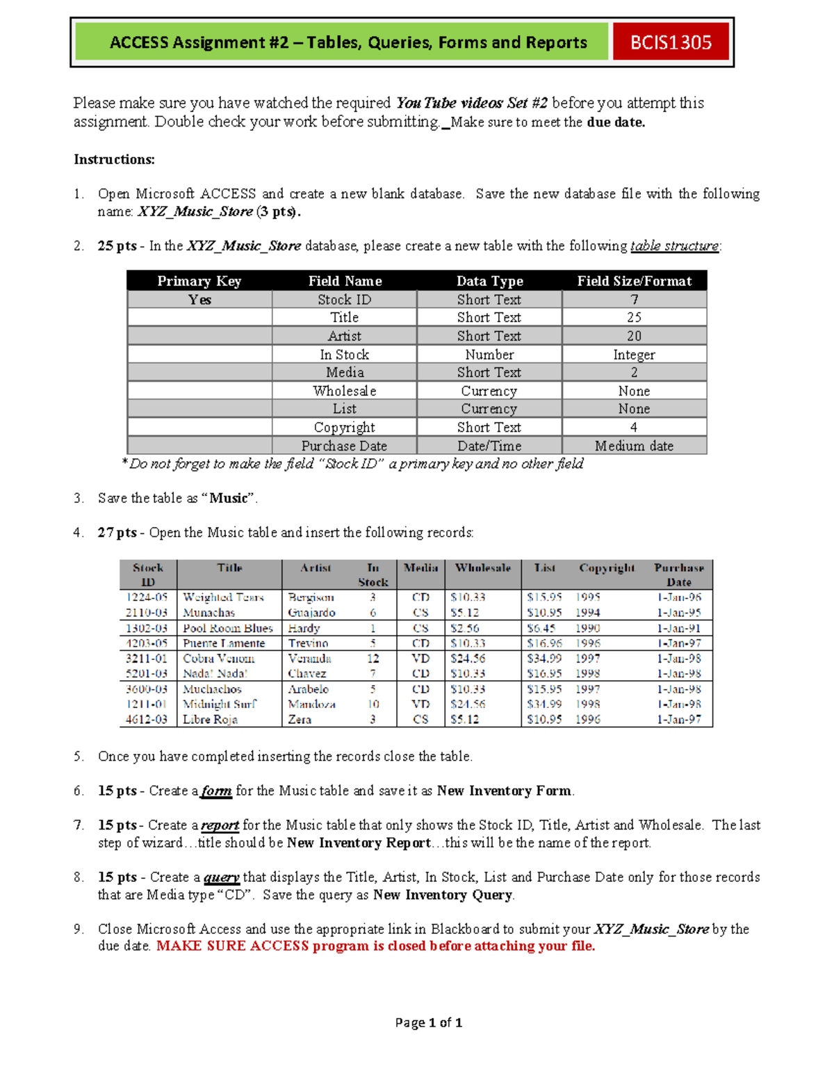 Access Assignment 2 Jhk Page 1 Of 1 Access Assignment 2 Tables Queries Forms And 1952