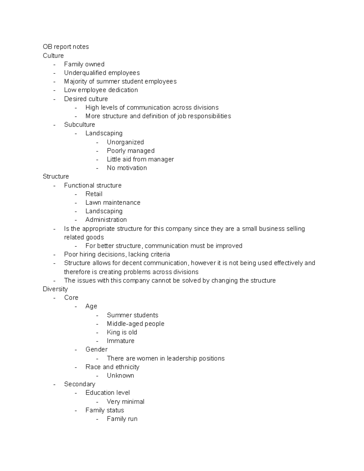 OB report notes - lecture - OB report notes Culture - Family owned ...