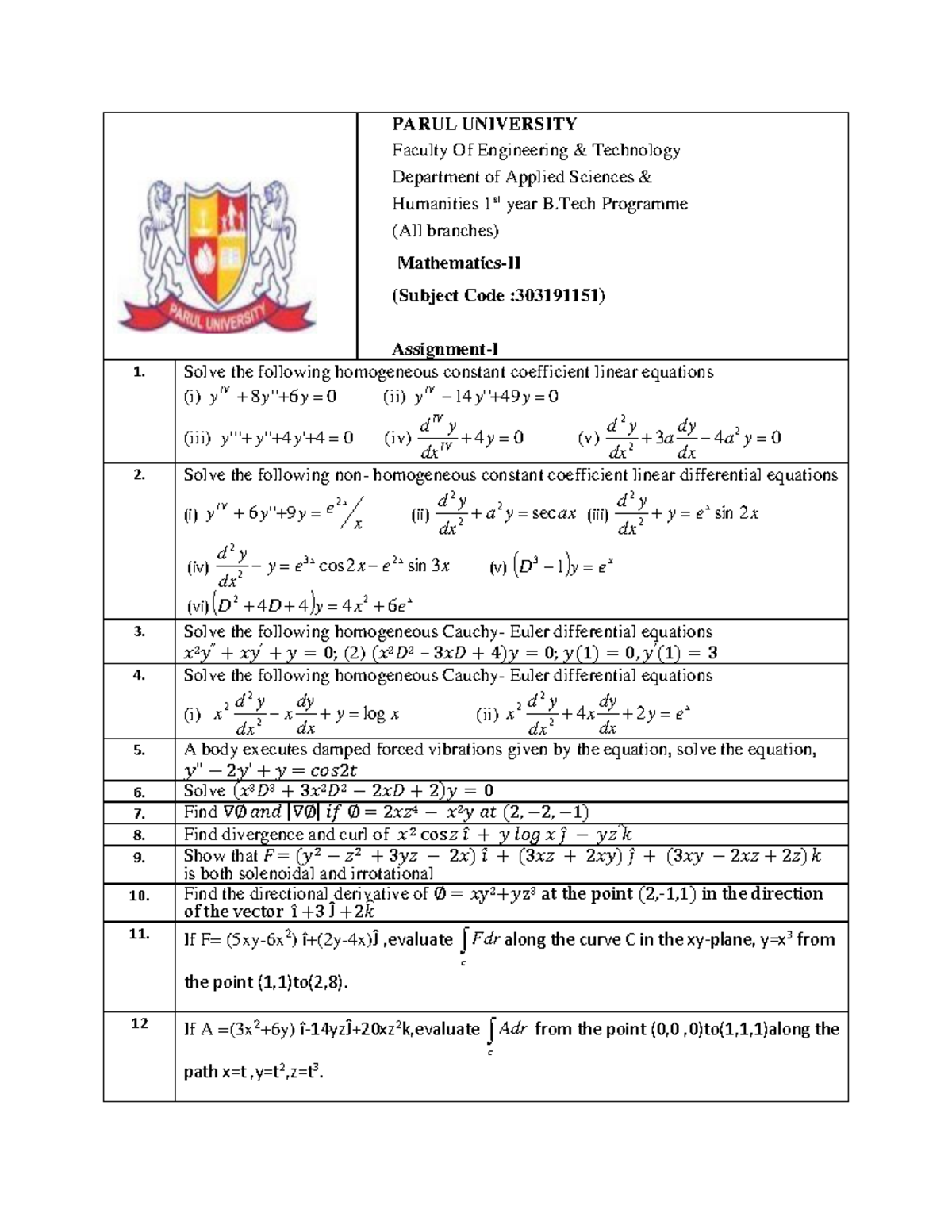 Assignment-I HODE pdf - Maths - PARUL UNIVERSITY Faculty Of Engineering & Technology Department ...