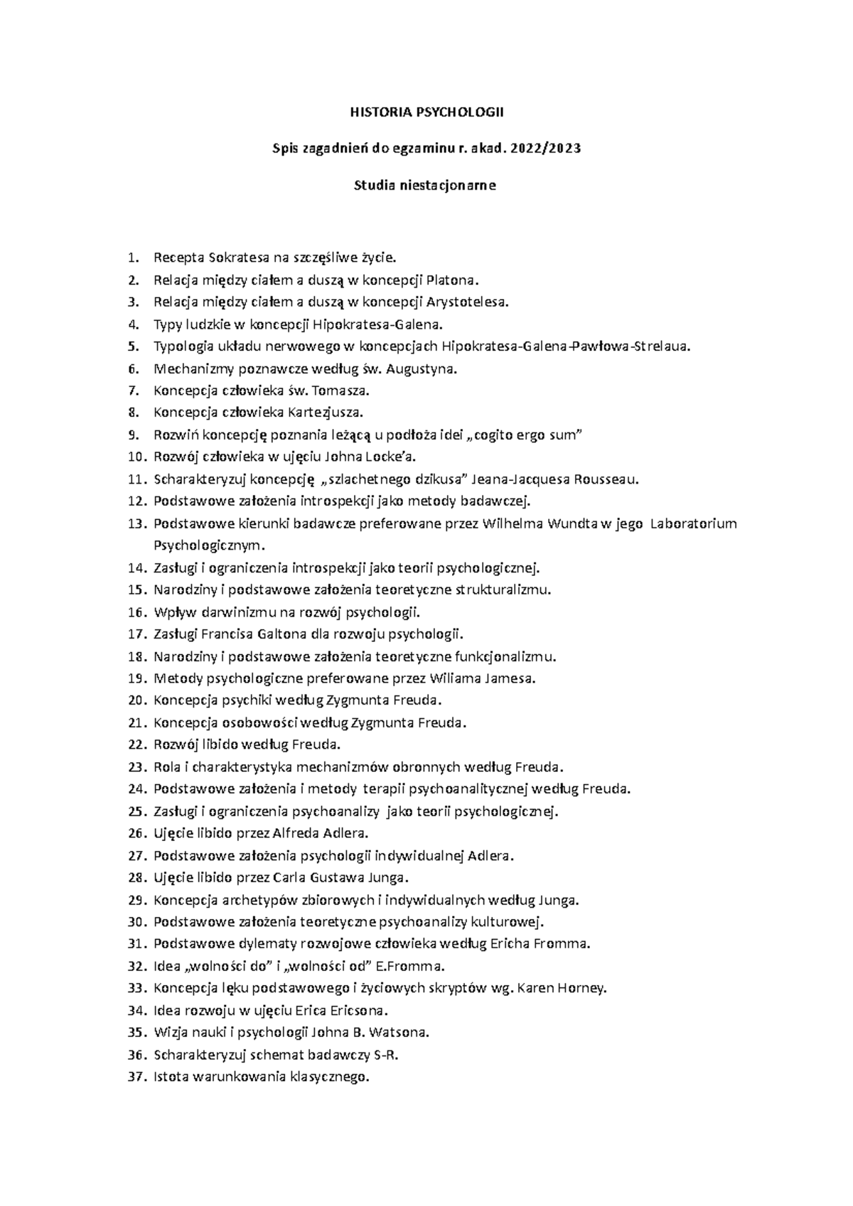 HP ST - Hhhhj - HISTORIA PSYCHOLOGII Spis zagadnień do egzaminu r. akad ...