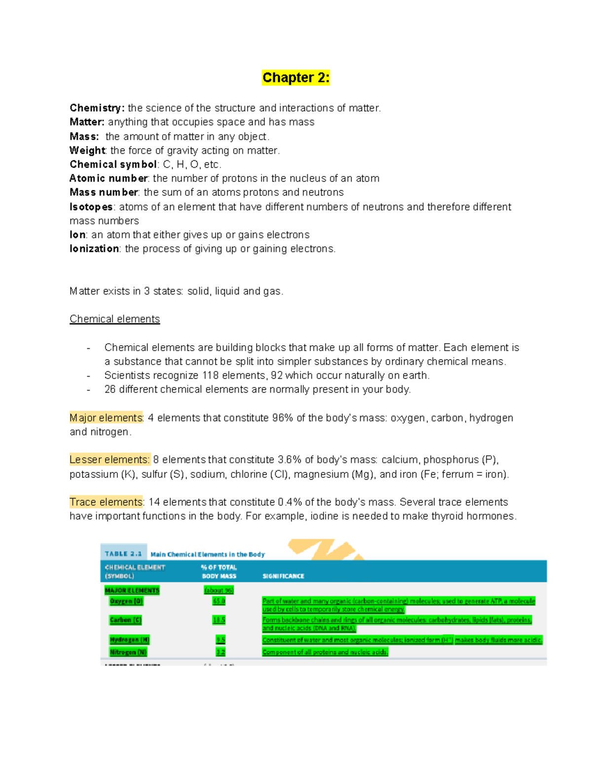 Chapter 2 notes - Chapter 2: Chemistry: the science of the structure ...