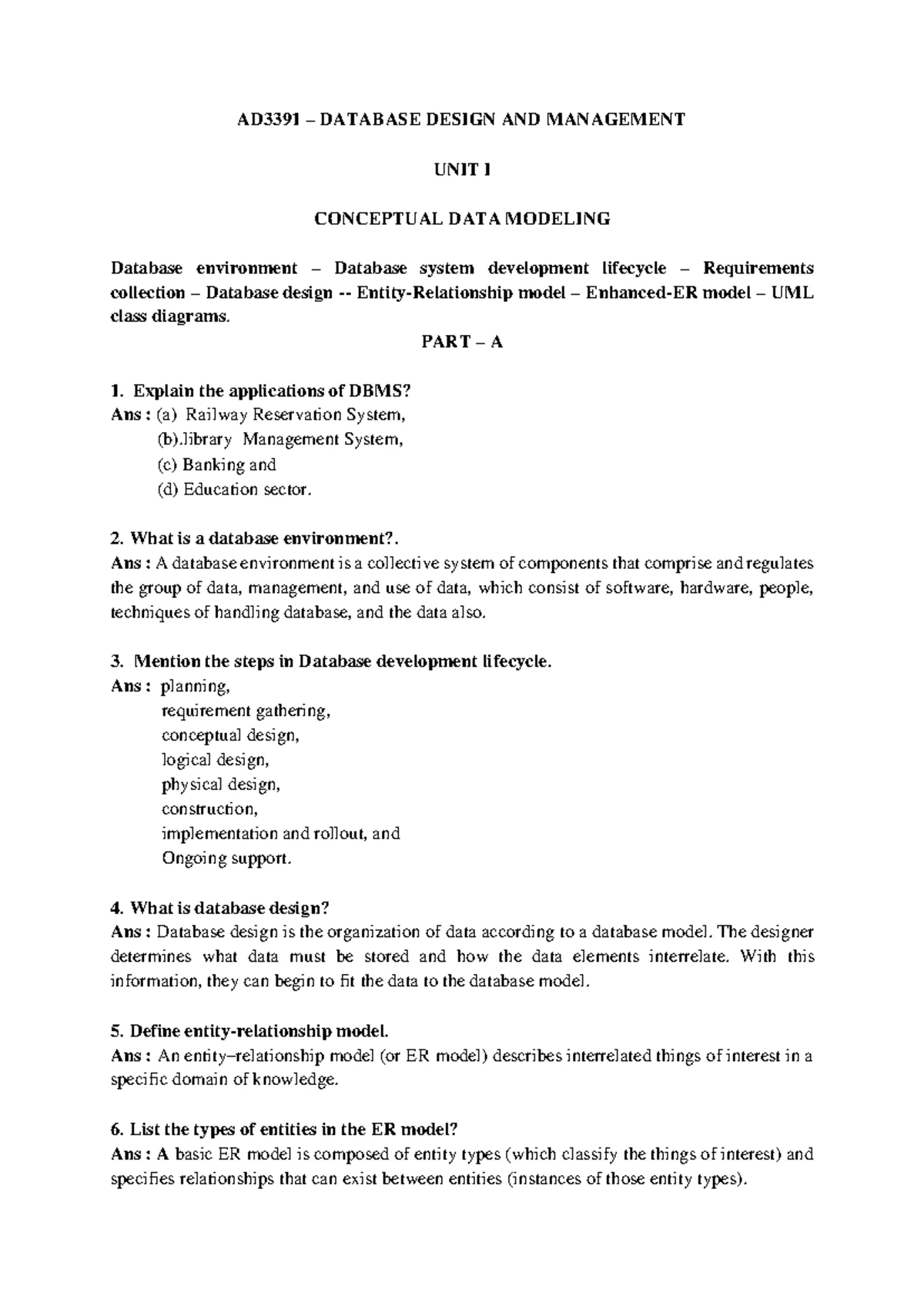 Database Design and Management - AD3391 2021 Regulation - Question ...
