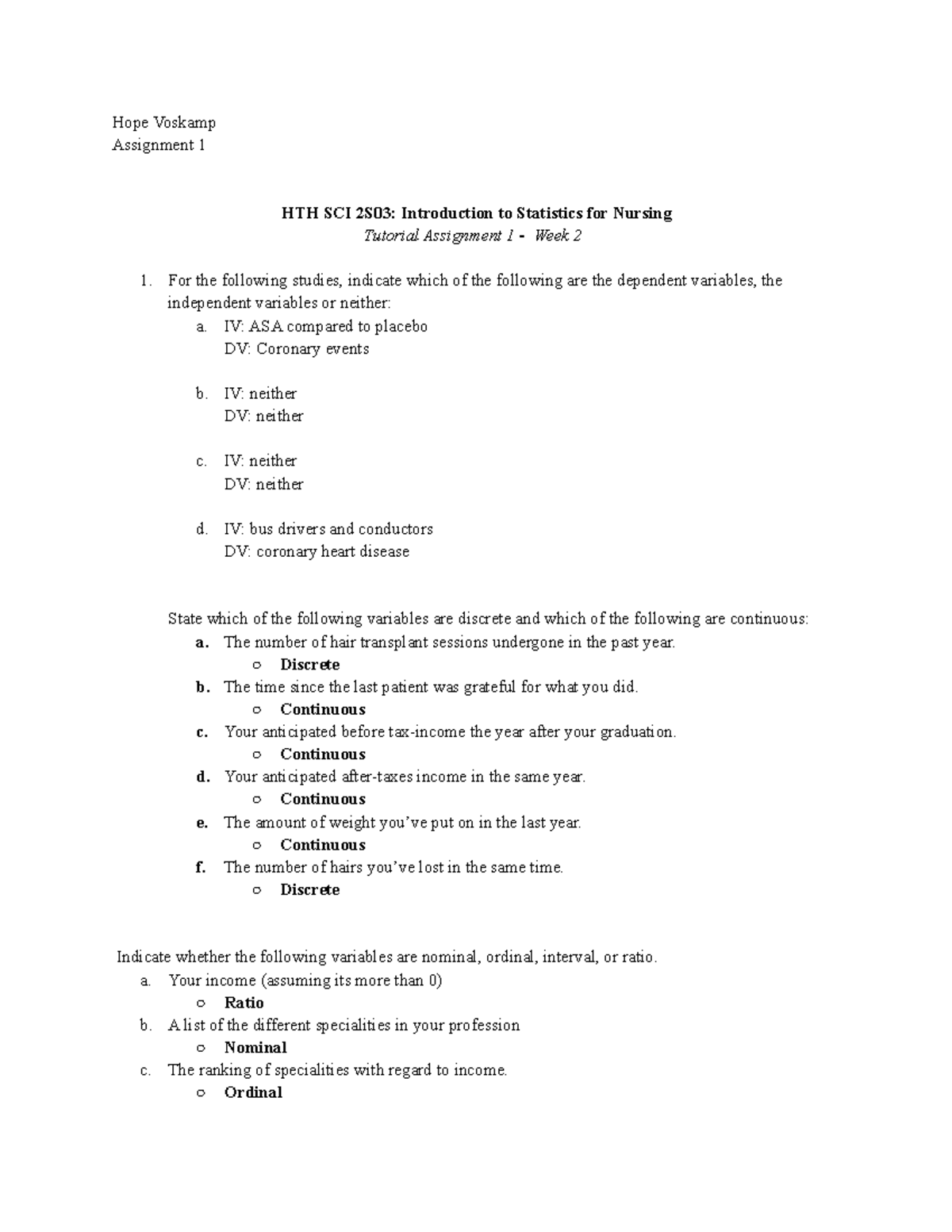 Tutorial 1 Stats - HTHSCI 2S03 - Hope Voskamp Assignment 1 HTH SCI 2S03: Introduction to ...