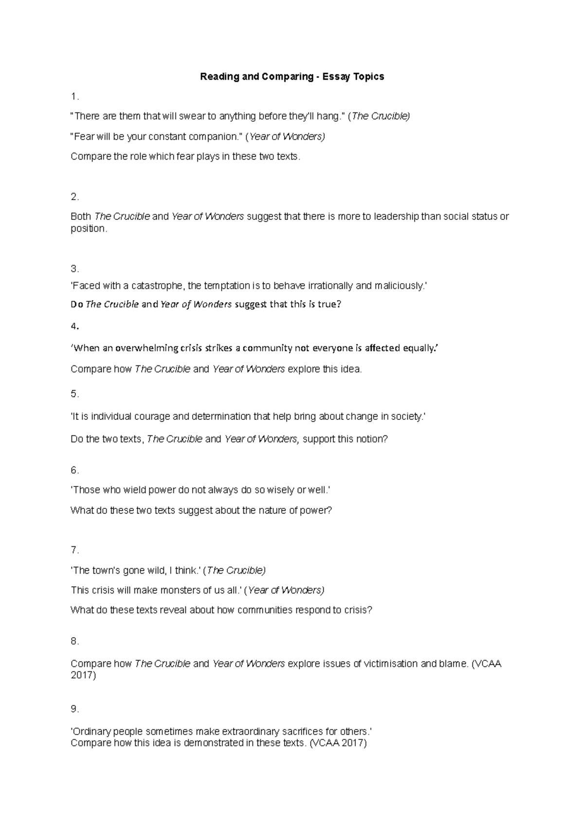 Comparative Essay Topics: Year of Wonders and The Crucible - Reading ...