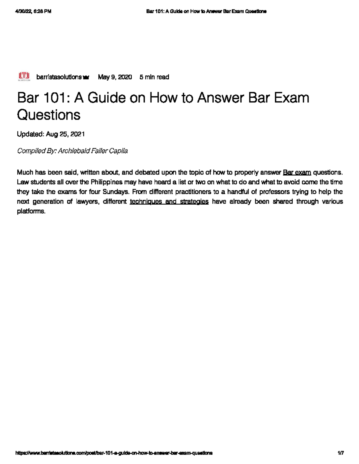Answering Correctly THE BAR Questions - Bachelor of Laws - Studocu