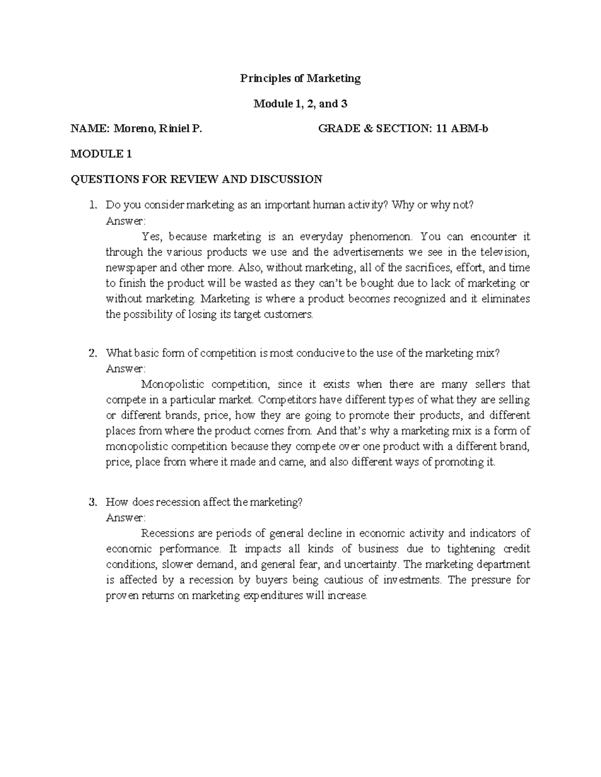 Principles of Marketing( Module 1-3) - Principles of Marketing Module 1, 2, and 3 NAME: Moreno ...