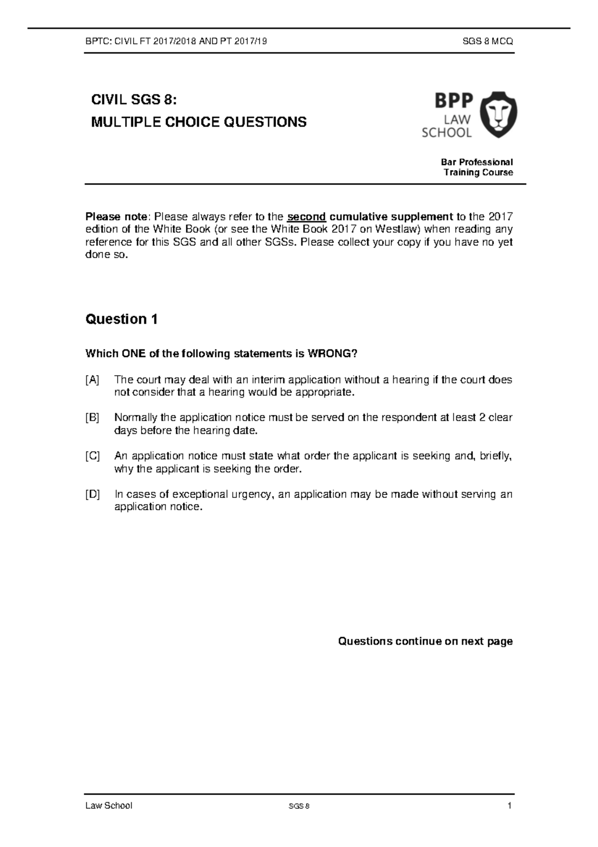 Civ L SGS 8 MCQ Answers 2017 18 and 2017 19 - BPTC: CIVIL FT 2017/2018 ...