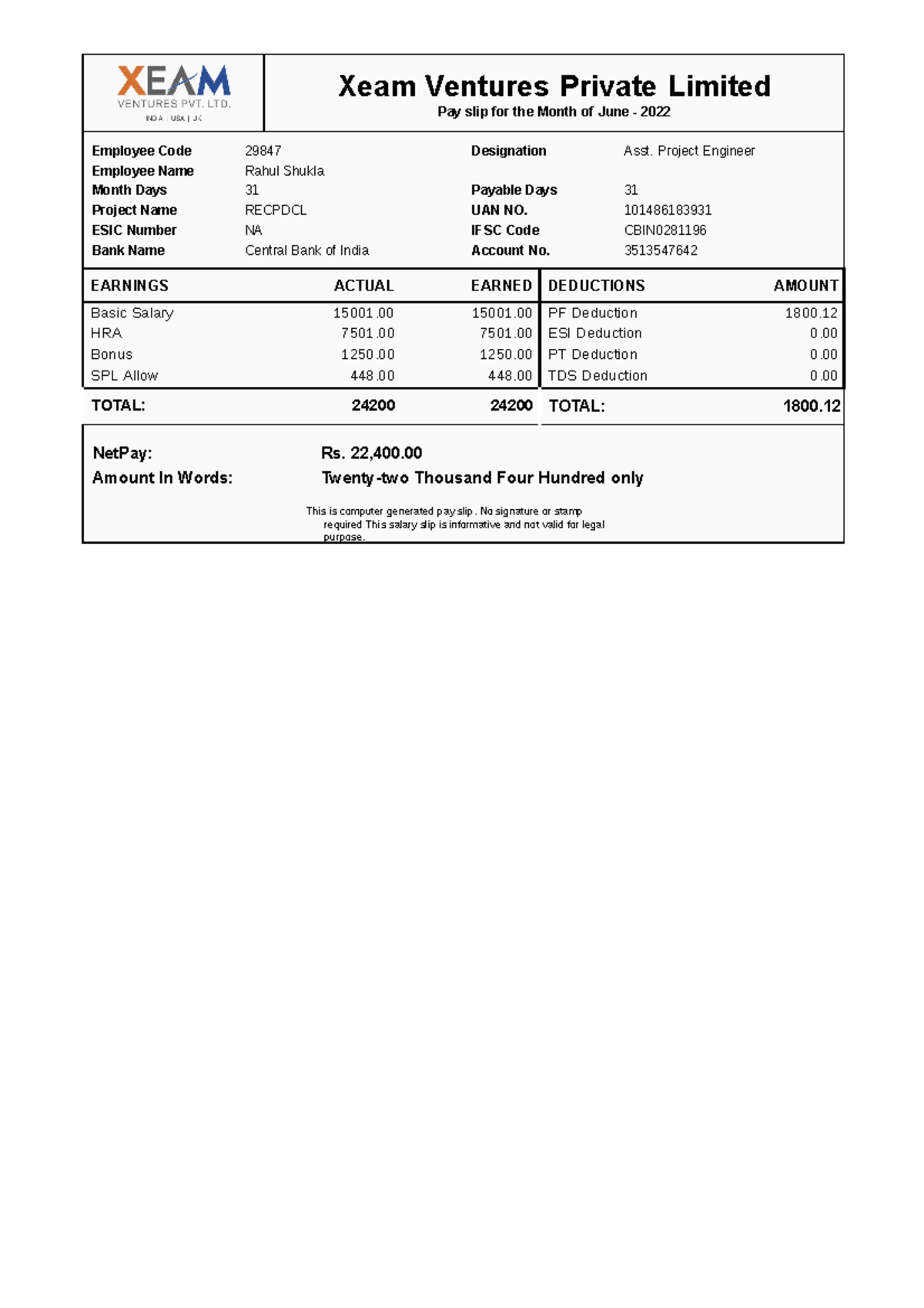 Rahul Shukla(29847)Salary slip (8) - Xeam Ventures Private Limited Pay ...