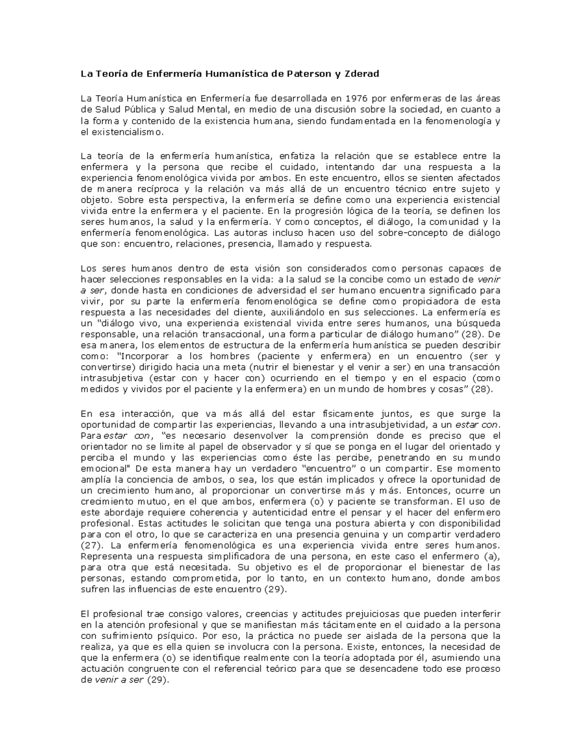 Modelos - La Teoría de Enfermería Humanística de Paterson y Zderad La ...