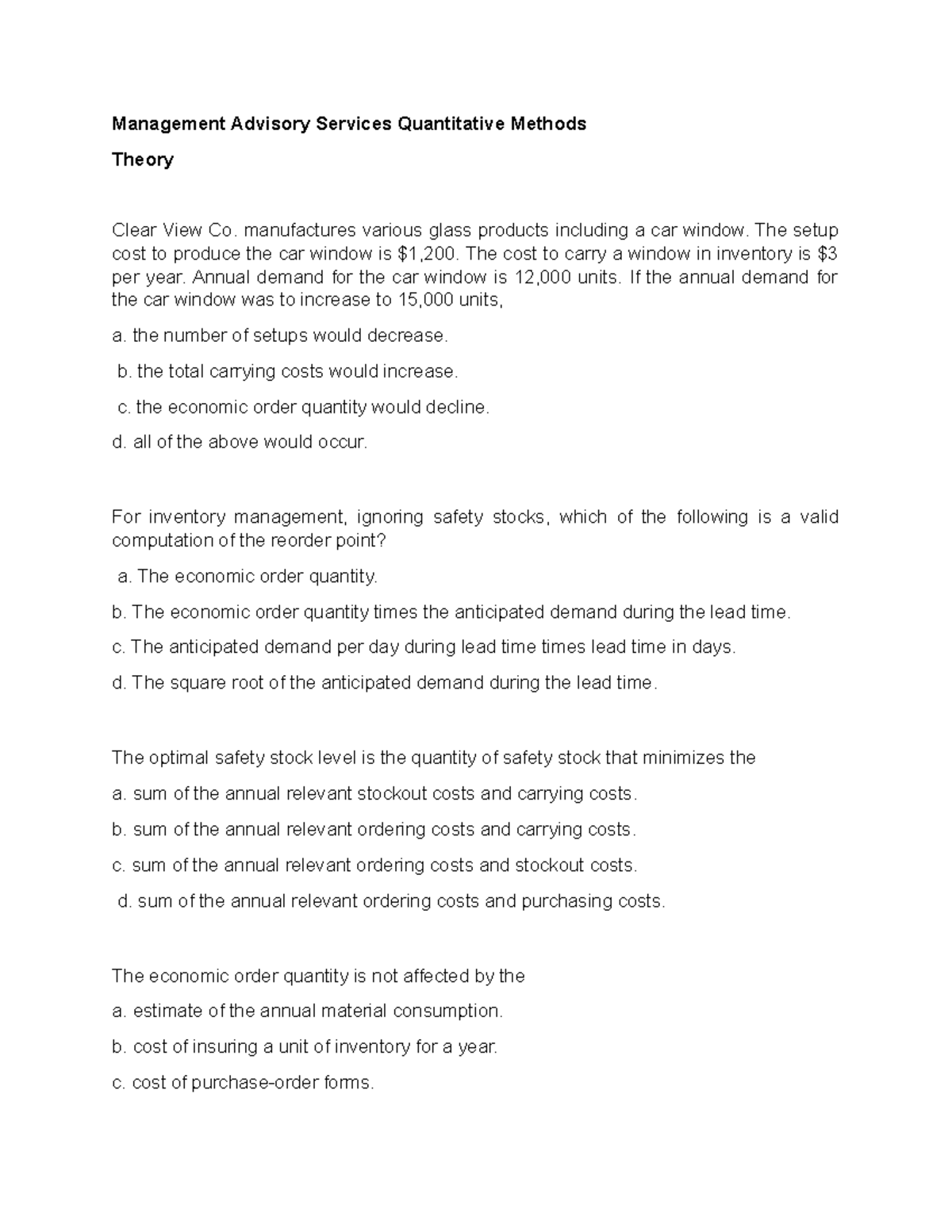 Management Advisory Services Quantitative Methods - Management Advisory ...