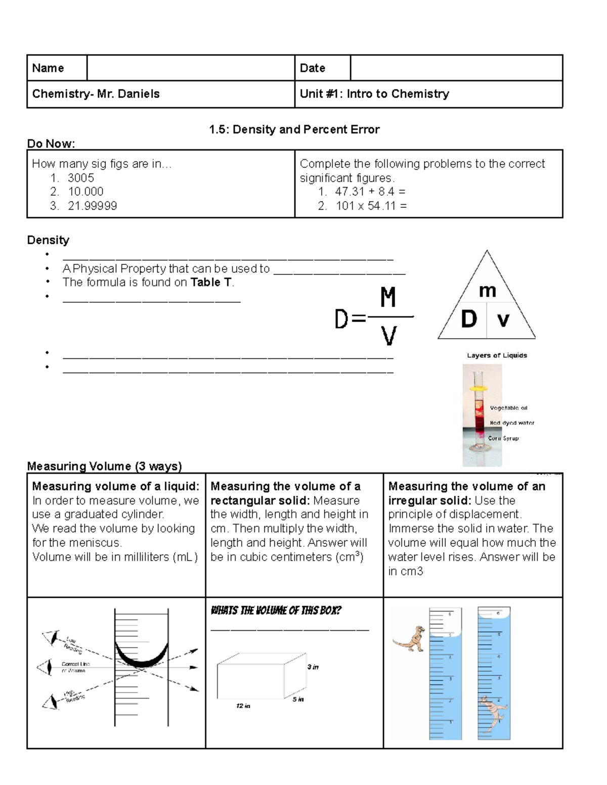 1.5 Density and Percent Error Notes - Name Date Chemistry- Mr. Daniels ...