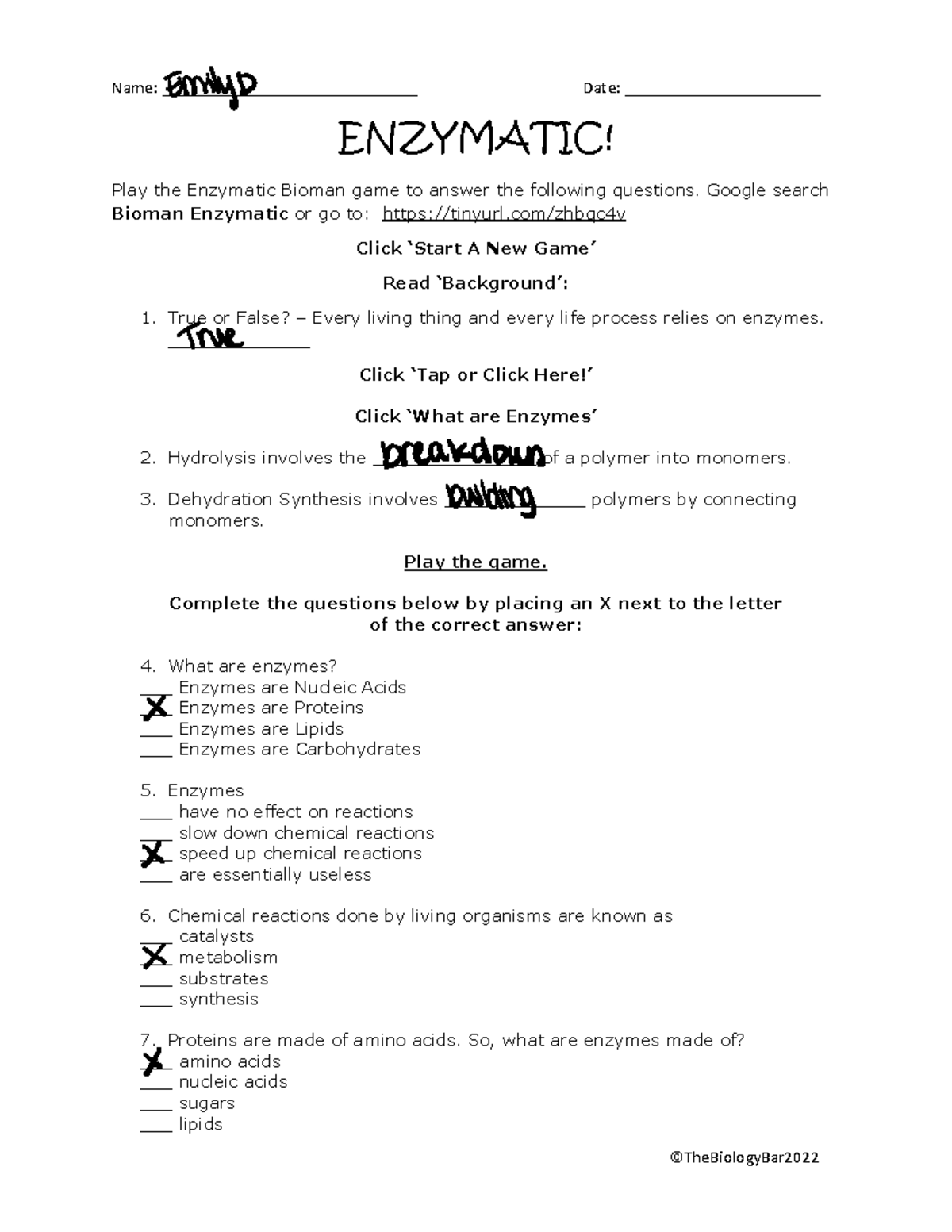 Enzyme Simulation Bioman Digital Format (2) - Name ...