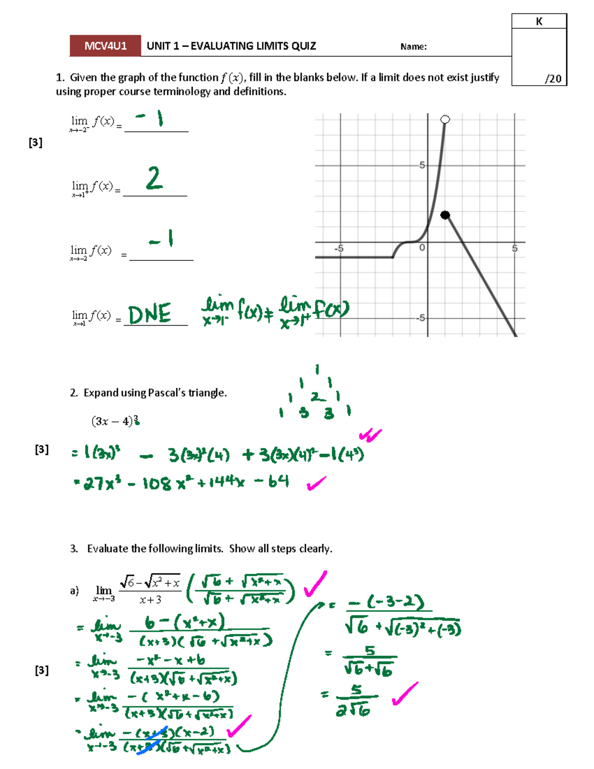 Unit 1 Self Assessment Solns - MCV4U1 UNIT 1 – EVALUATING LIMITS QUIZ ...