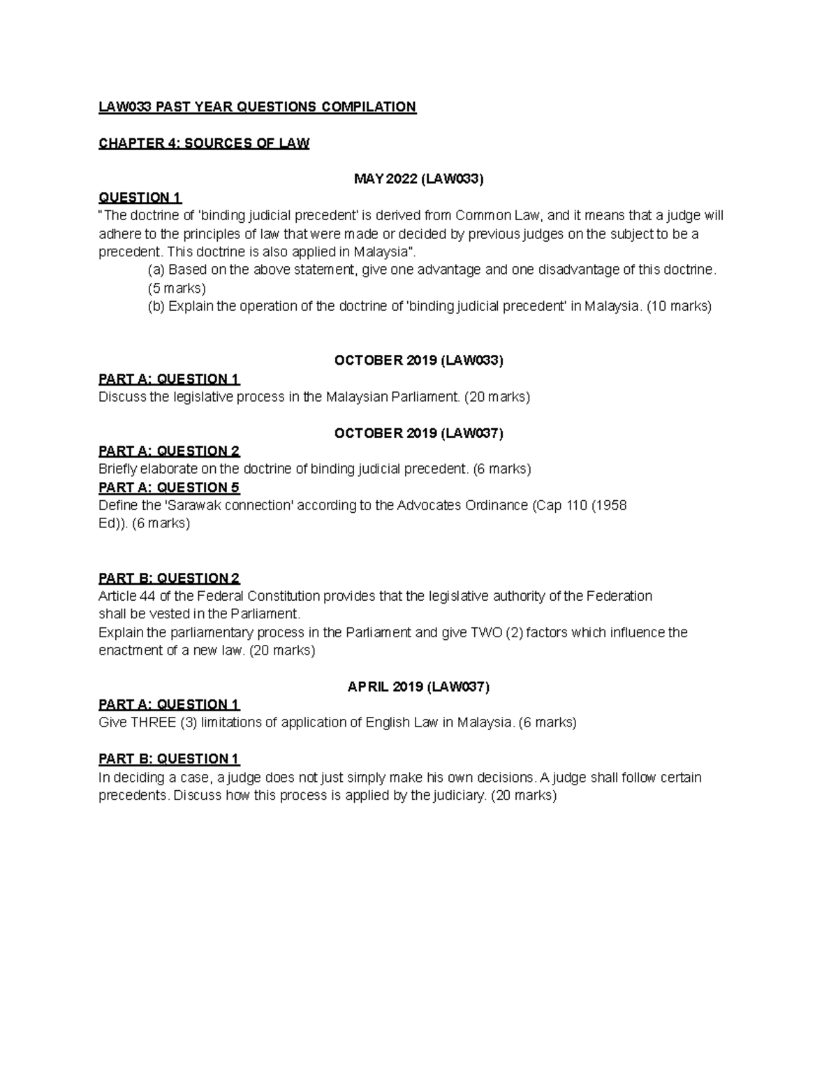 CHP 4 Sources OF LAW Questions - LAW033 PAST YEAR QUESTIONS COMPILATION ...