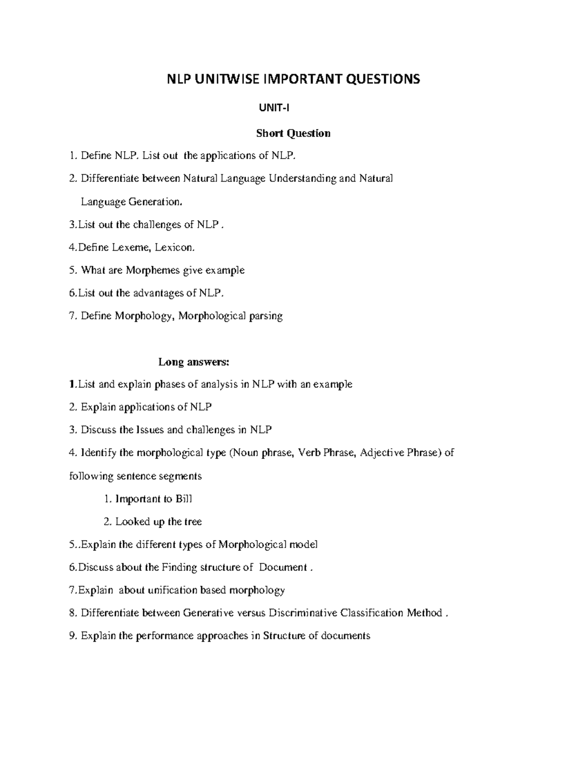 NLP Unitwise Important Questions - NLP UNITWISE IMPORTANT QUESTIONS UNIT-I Short Question Define ...