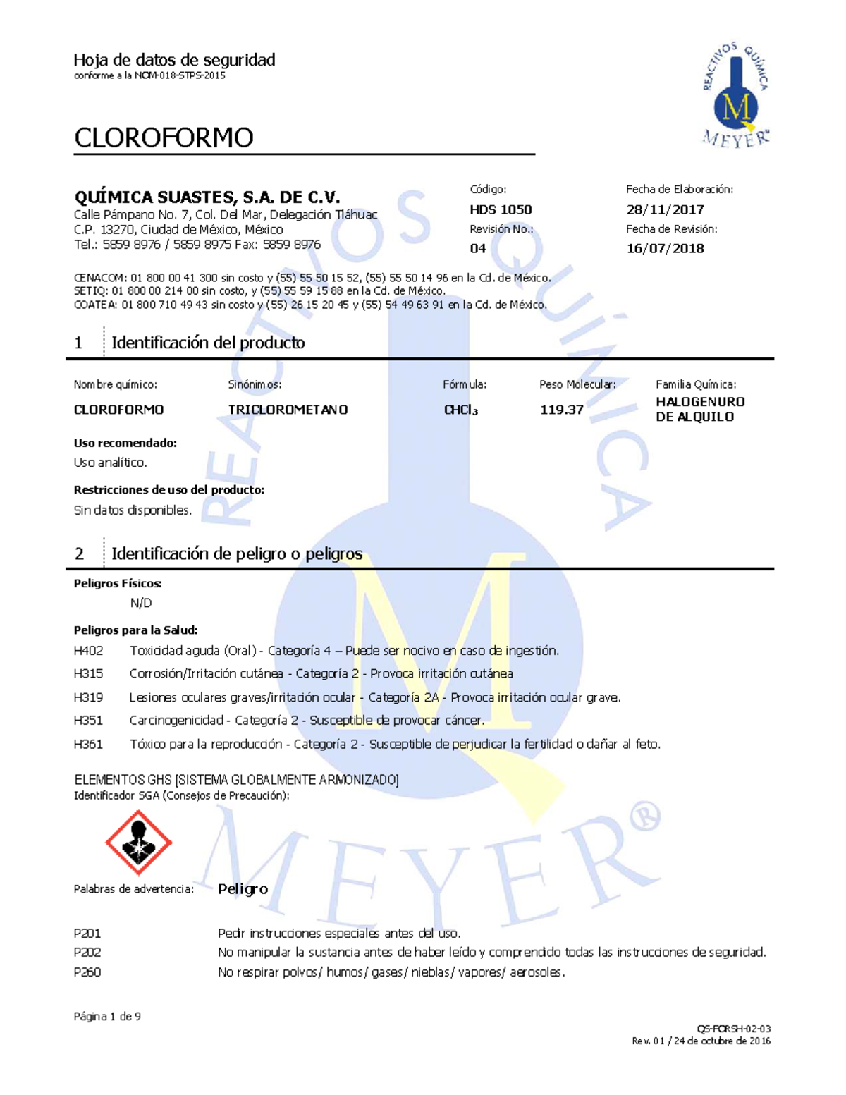 Cloroformo - asdsg - conforme a la NOM-018-STPS- CLOROFORMO Página 1 de ...